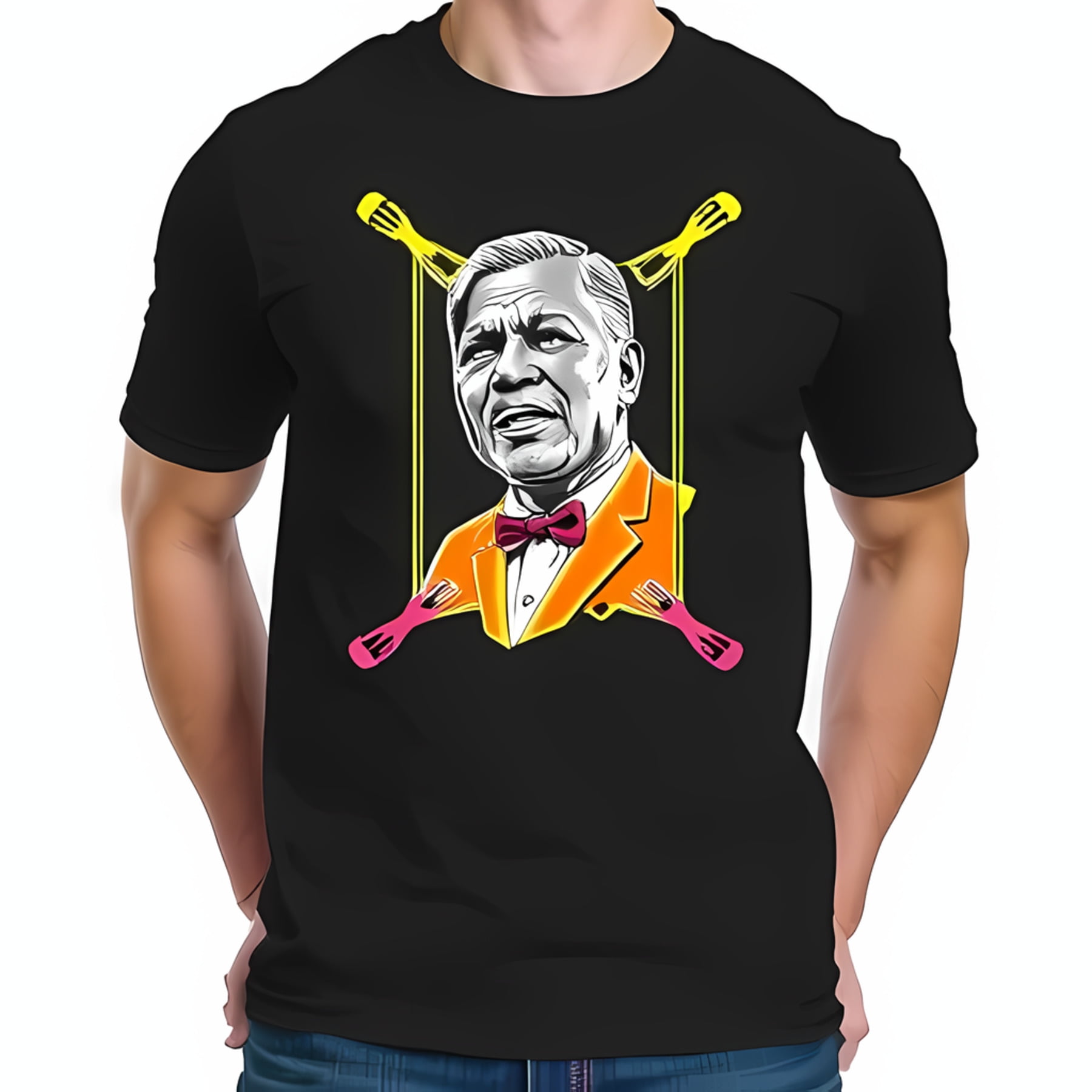 Stylized Puppet Illustration T-Shirt - Black Cotton Tee with Bright ...