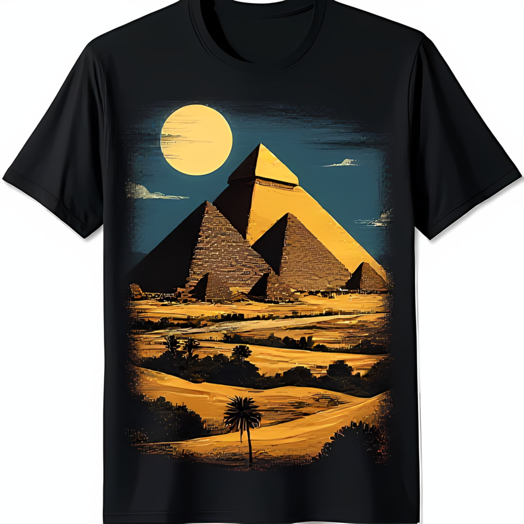 Stylized Pyramids in Desert Under Full Moon Black T-Shirt for Art ...