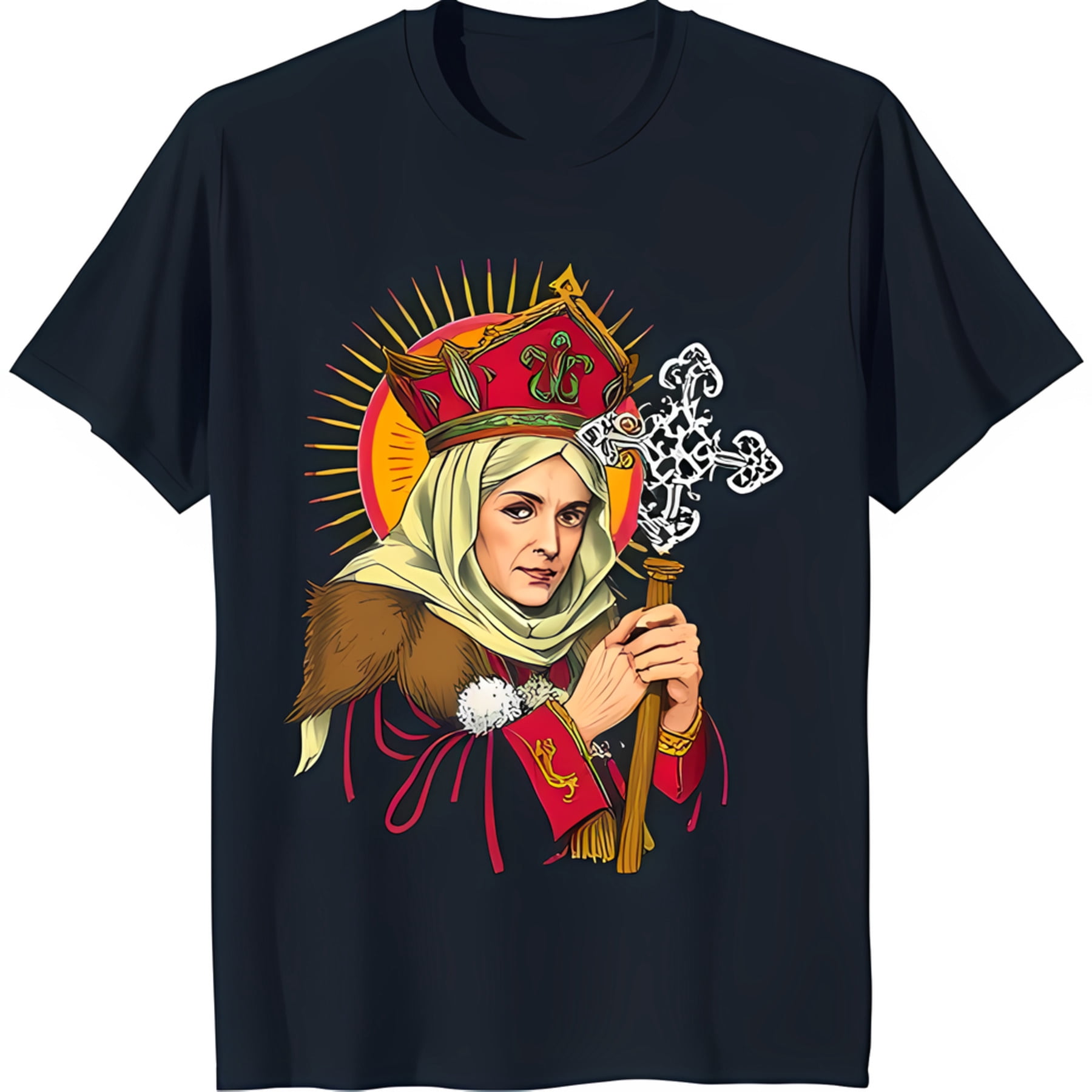 Stylized Queen Holding T-Shirt Unique Iconography Design on Dark Blue ...