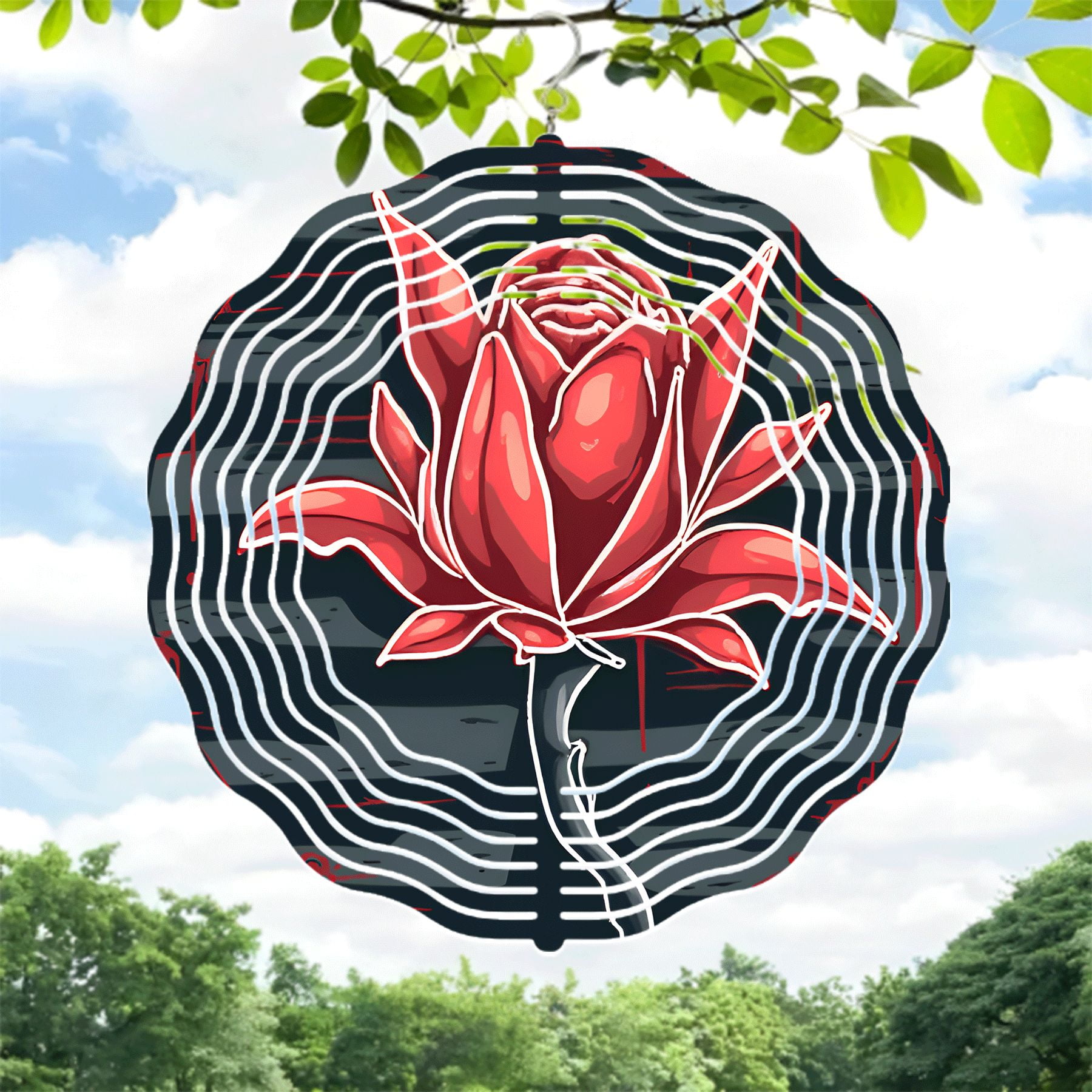 Stylized Red Rose Metal Wind Spinner with Concentric Circle Design ...