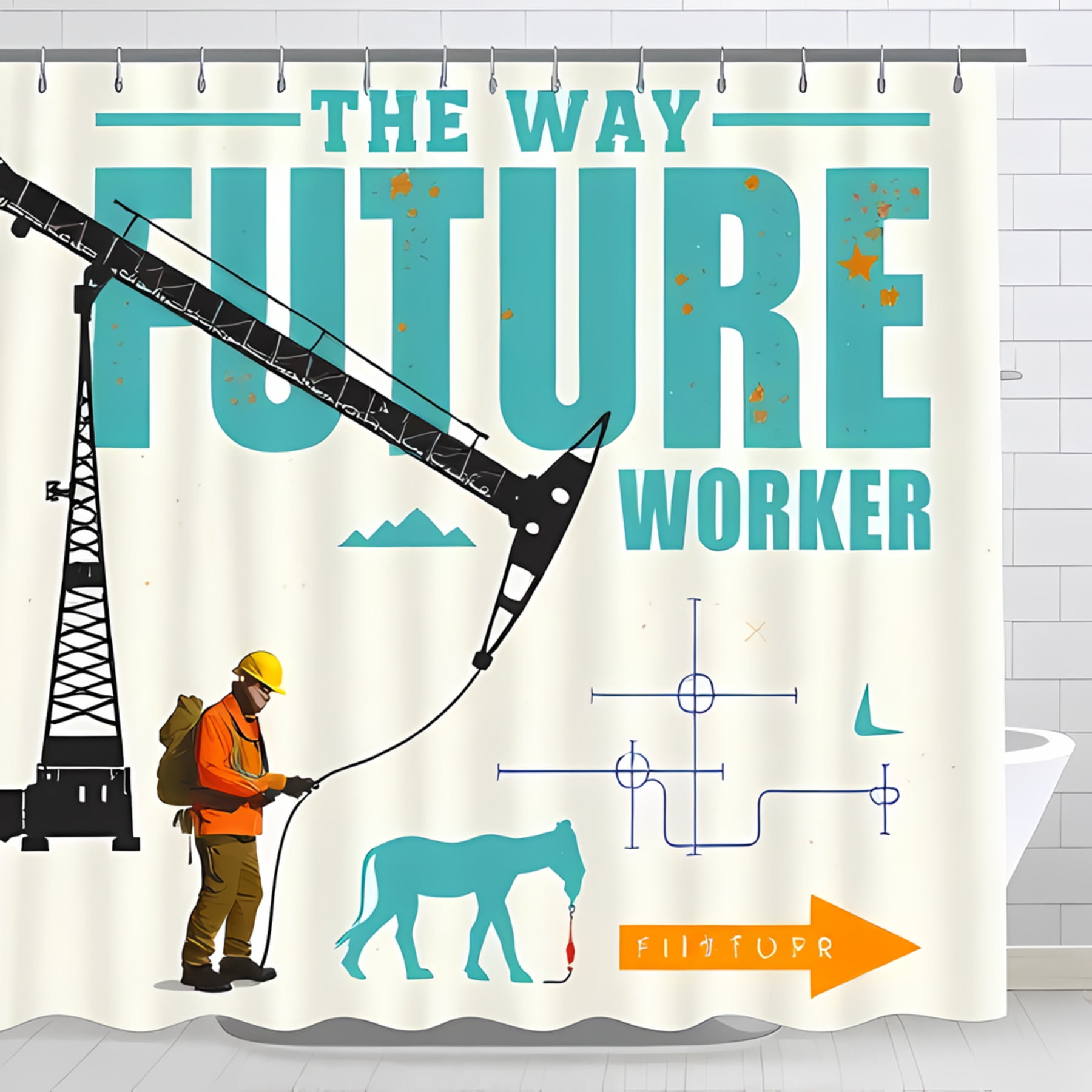 Stylized Shower Curtain with Crane Graphic " FUTURE WORKER " Text Whimsical Design Retro ...
