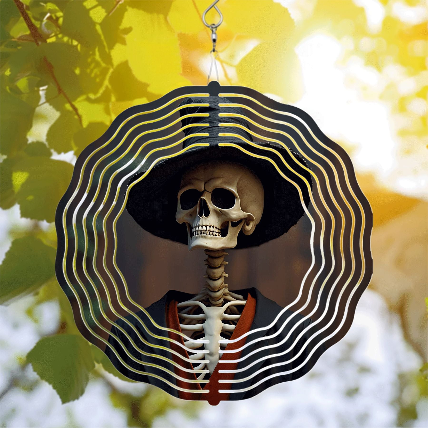 Stylized Skeleton Metal Hanging Wind Spinner - Festive Hat Design with ...