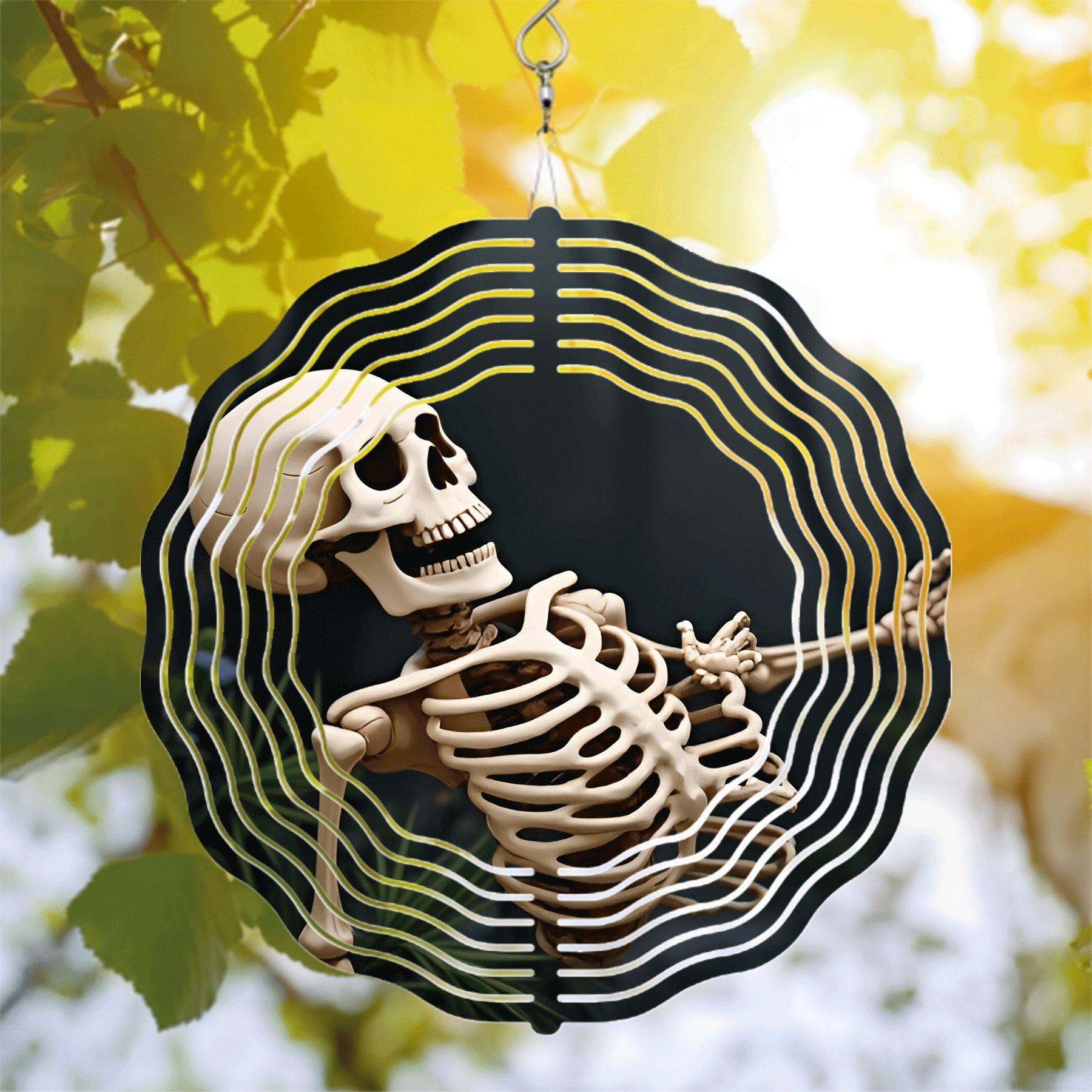 Stylized Skeleton Metal Wind Spinner - Dynamic Pose with Concentric ...