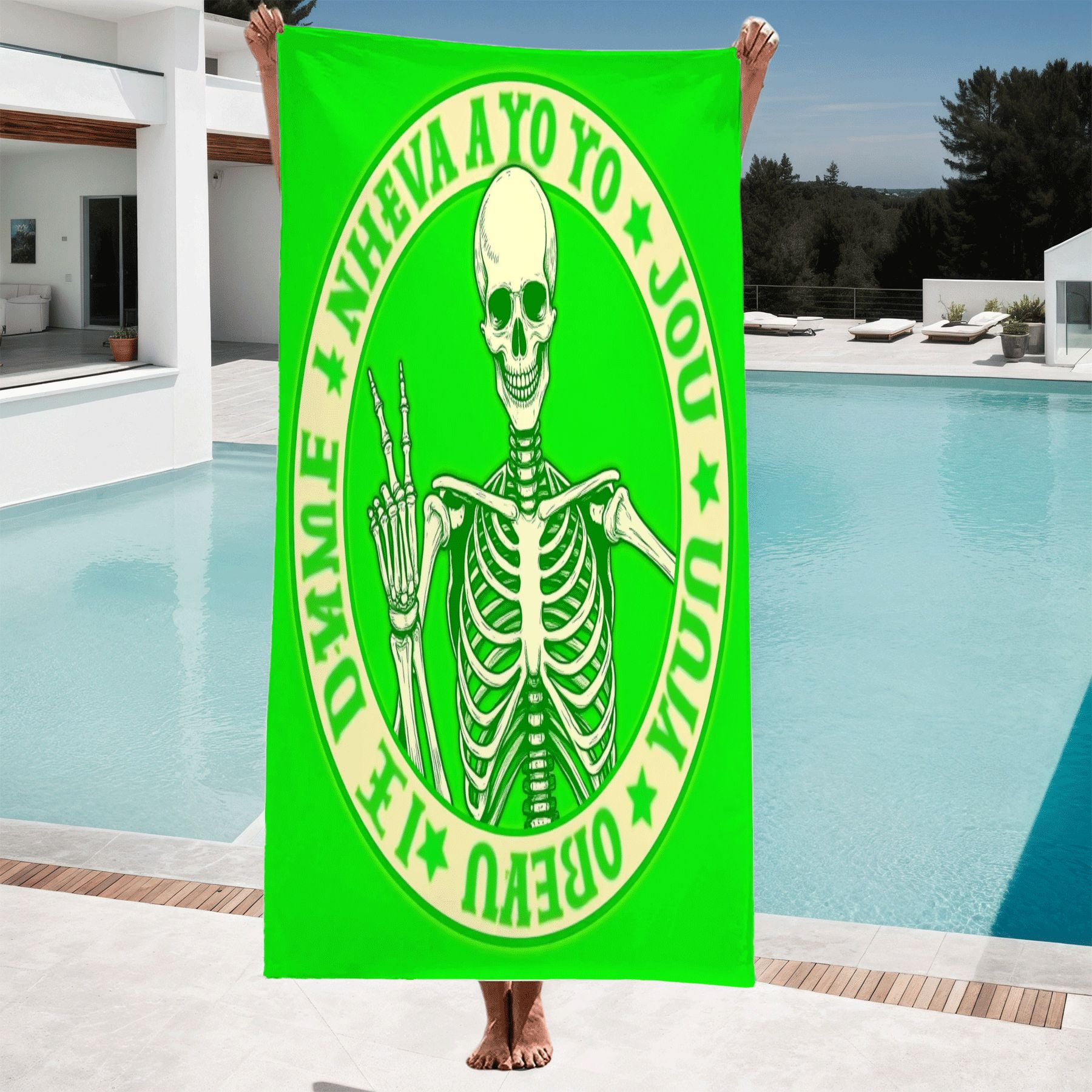 Stylized Skeleton Peace Sign Beach Towel - Fun Green Oval Frame Design ...
