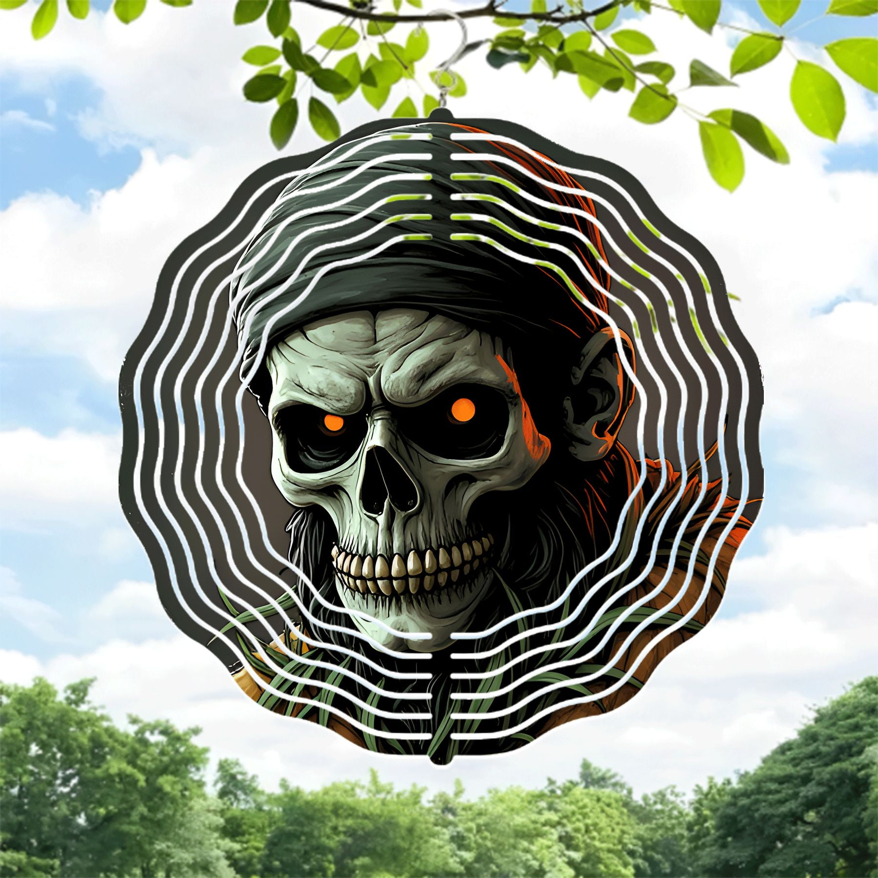 Stylized Skull Metal Wind Spinner with Glowing Eyes - Eerie Garden ...