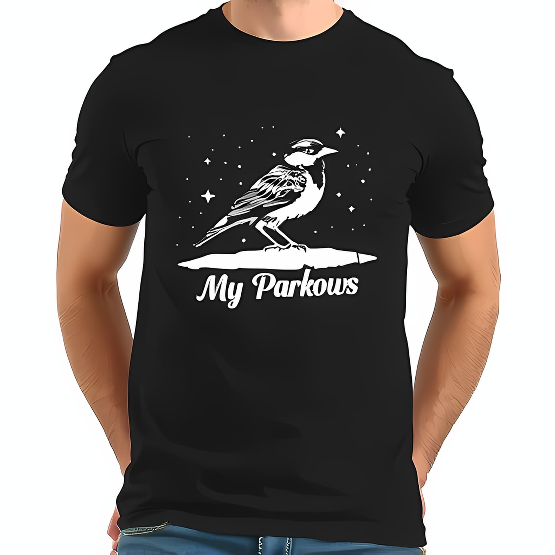 Stylized Sparrow Graphic T-Shirt Casual Black Tee with 'My Parkous ...