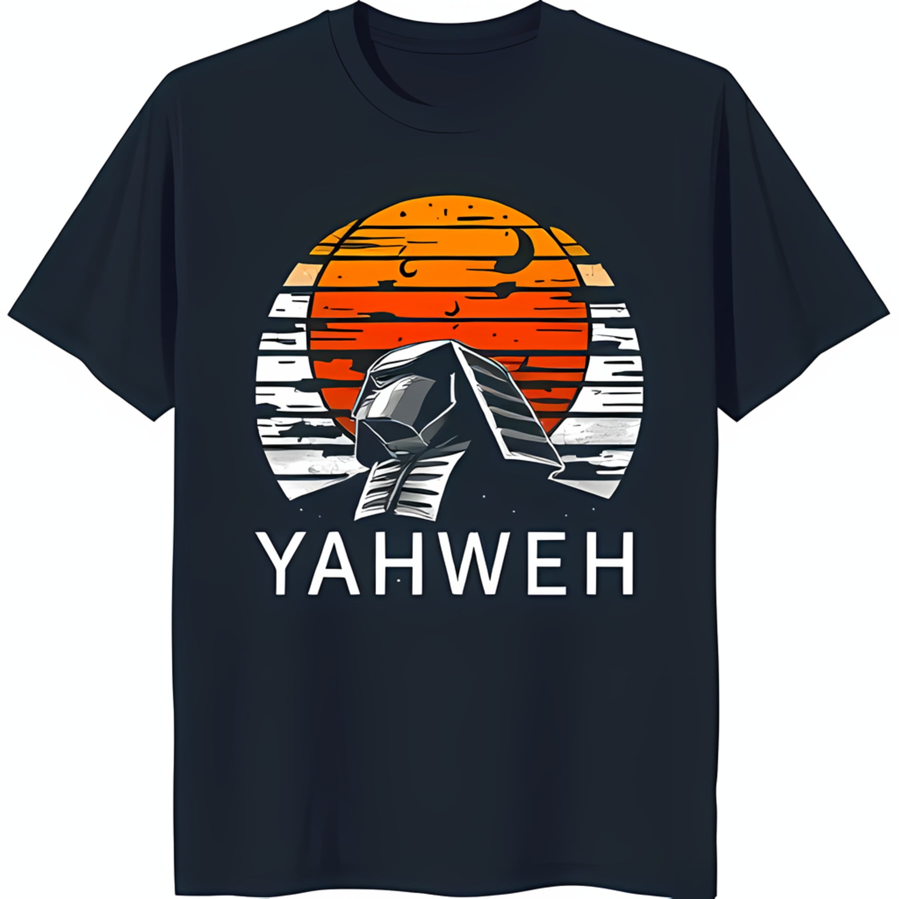 Stylized Sphinx Graphic on Deep Blue T-Shirt with Retro Stripes ...