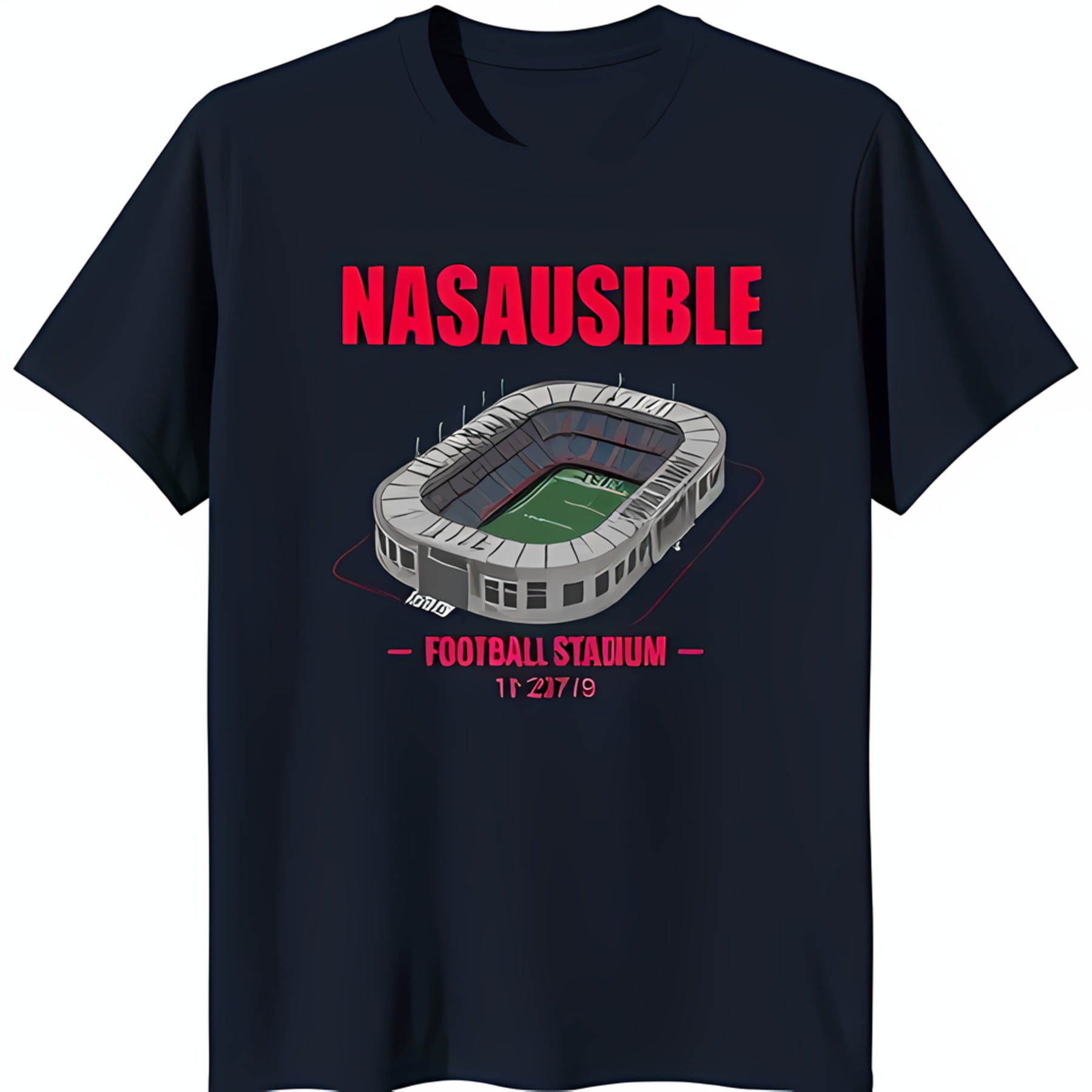 Stylized Stadium Graphic Black T-Shirt with Red Seats & Green Field ...