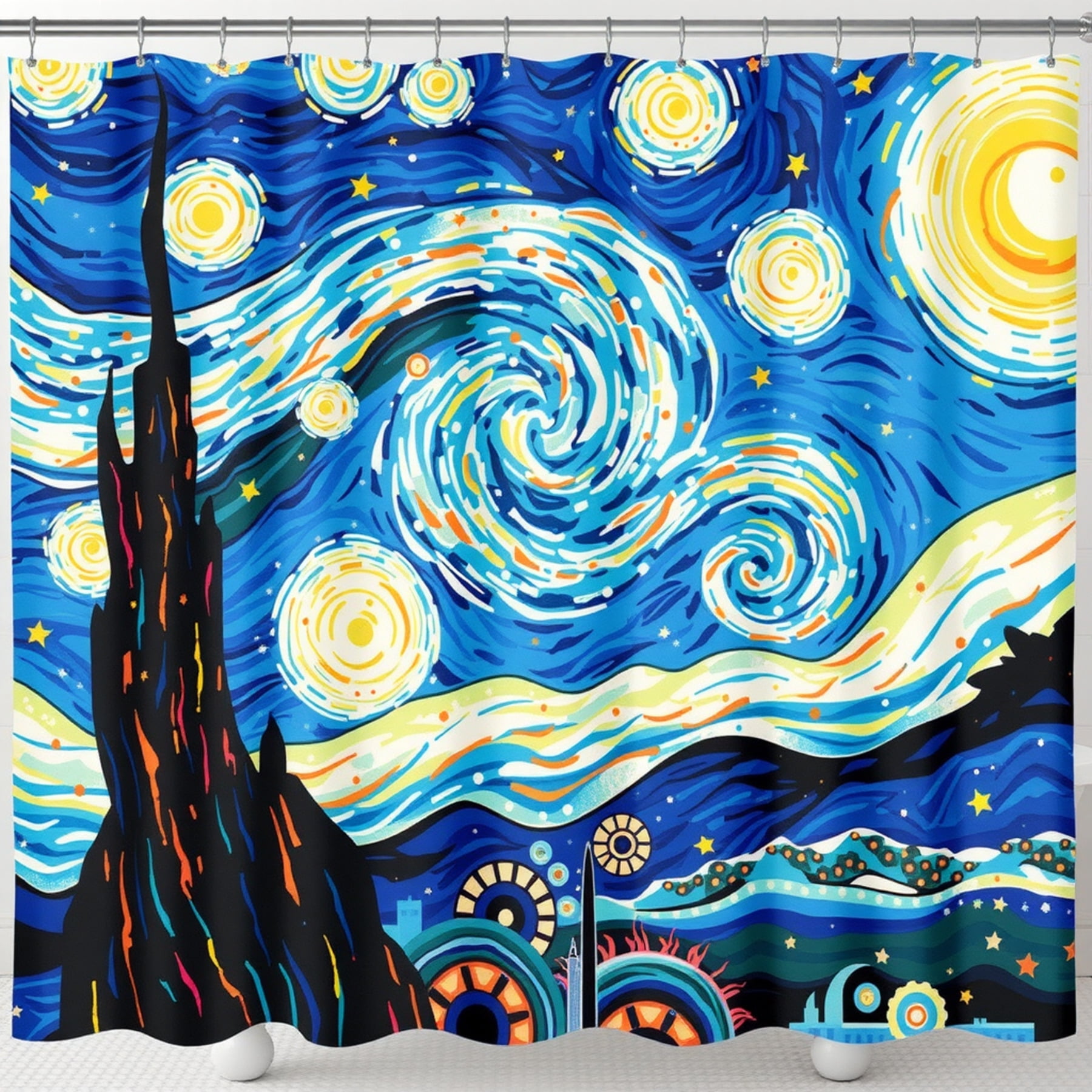 Stylized Starry Night Shower Curtain - Vibrant Blue & Yellow Design ...