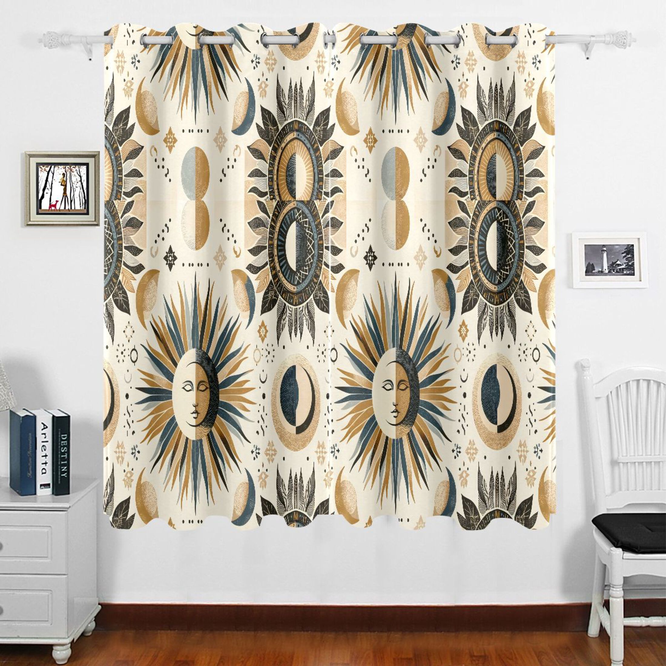 Stylized Sun and Moon Blackout Curtains 63 inch Length 2 Panels Grommet ...