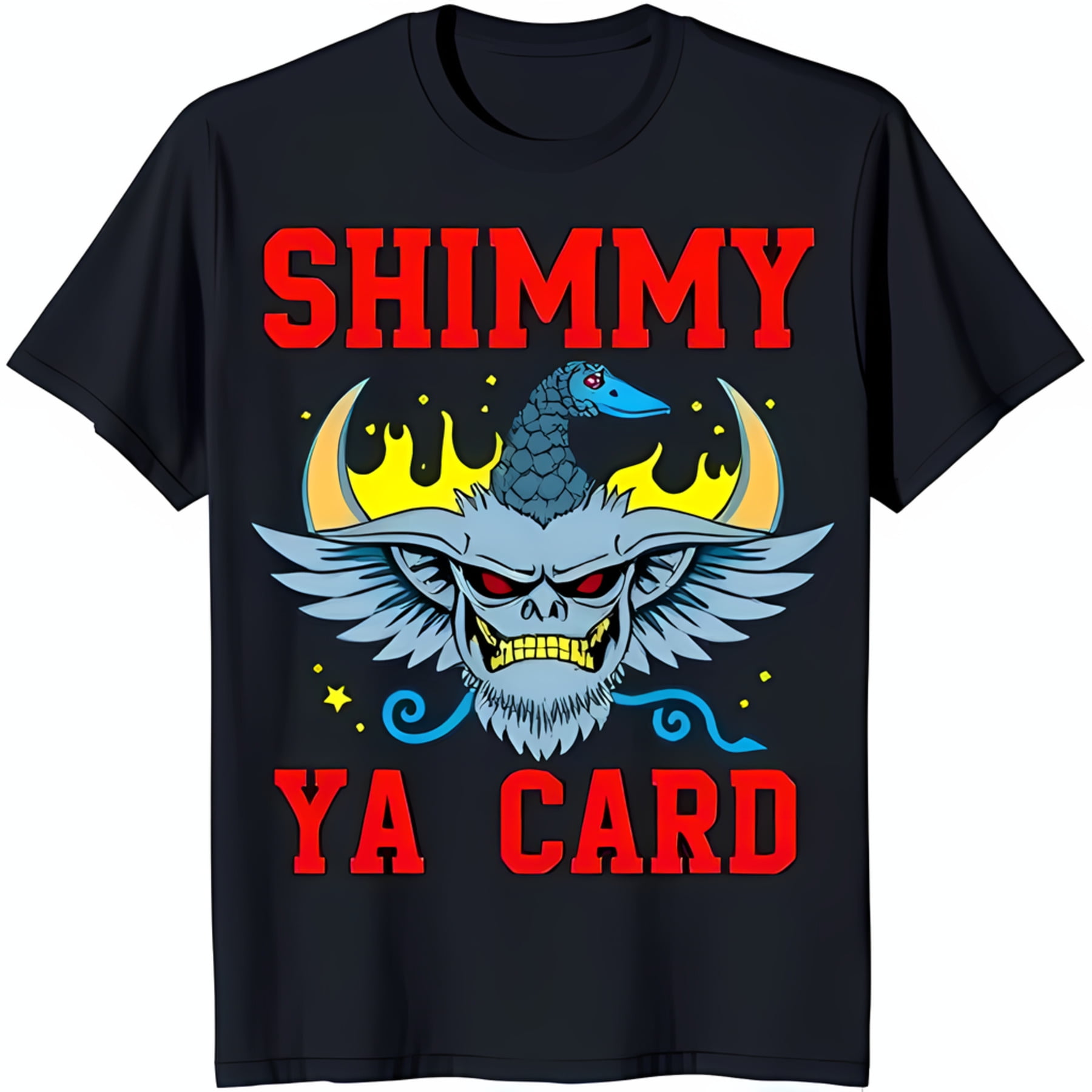 Stylized T-Shirt with Bird Head & Flames 'SHIMMY YA CARD' Design ...