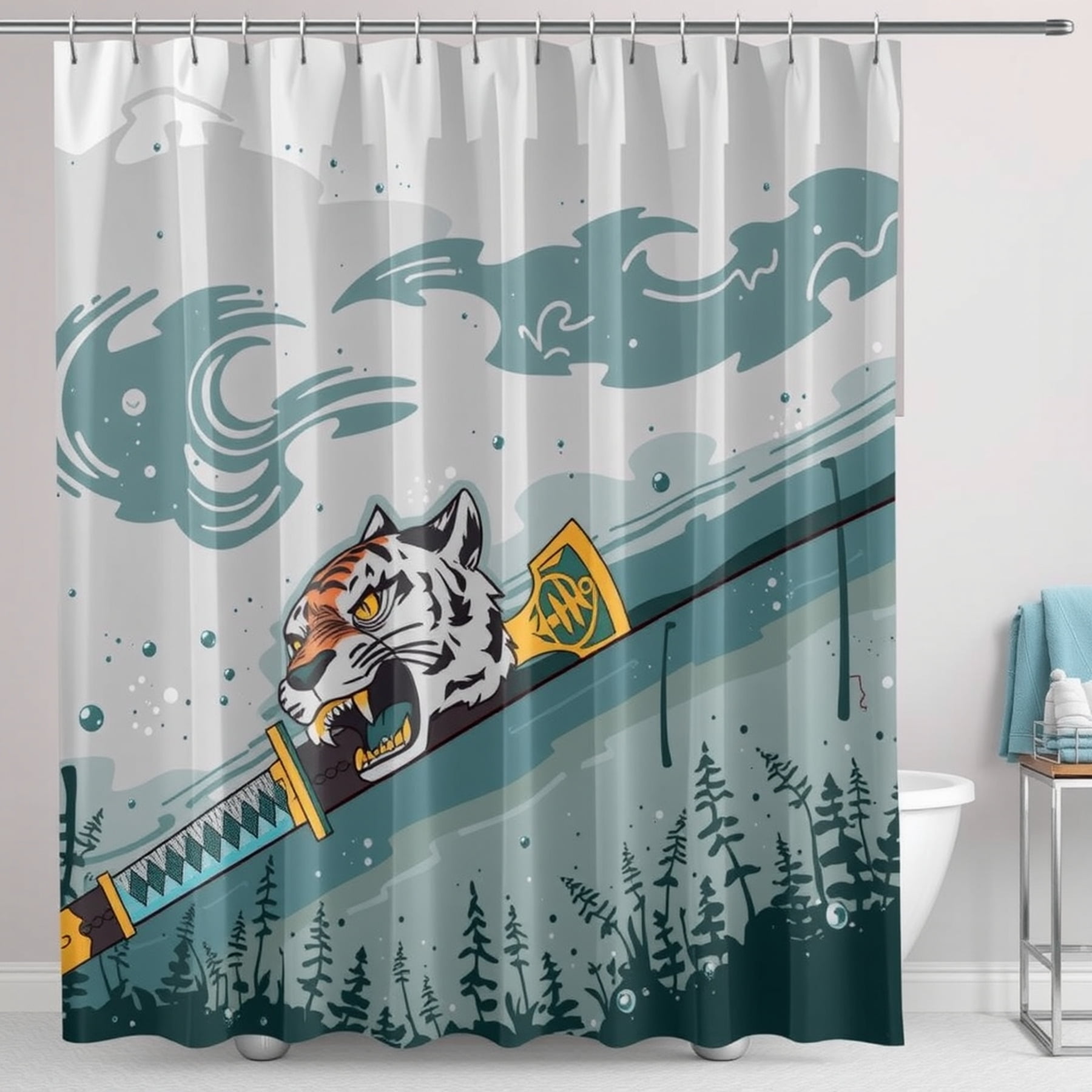 Stylized Tiger Head Shower Curtain with Japanese Katana & Forest Design ...