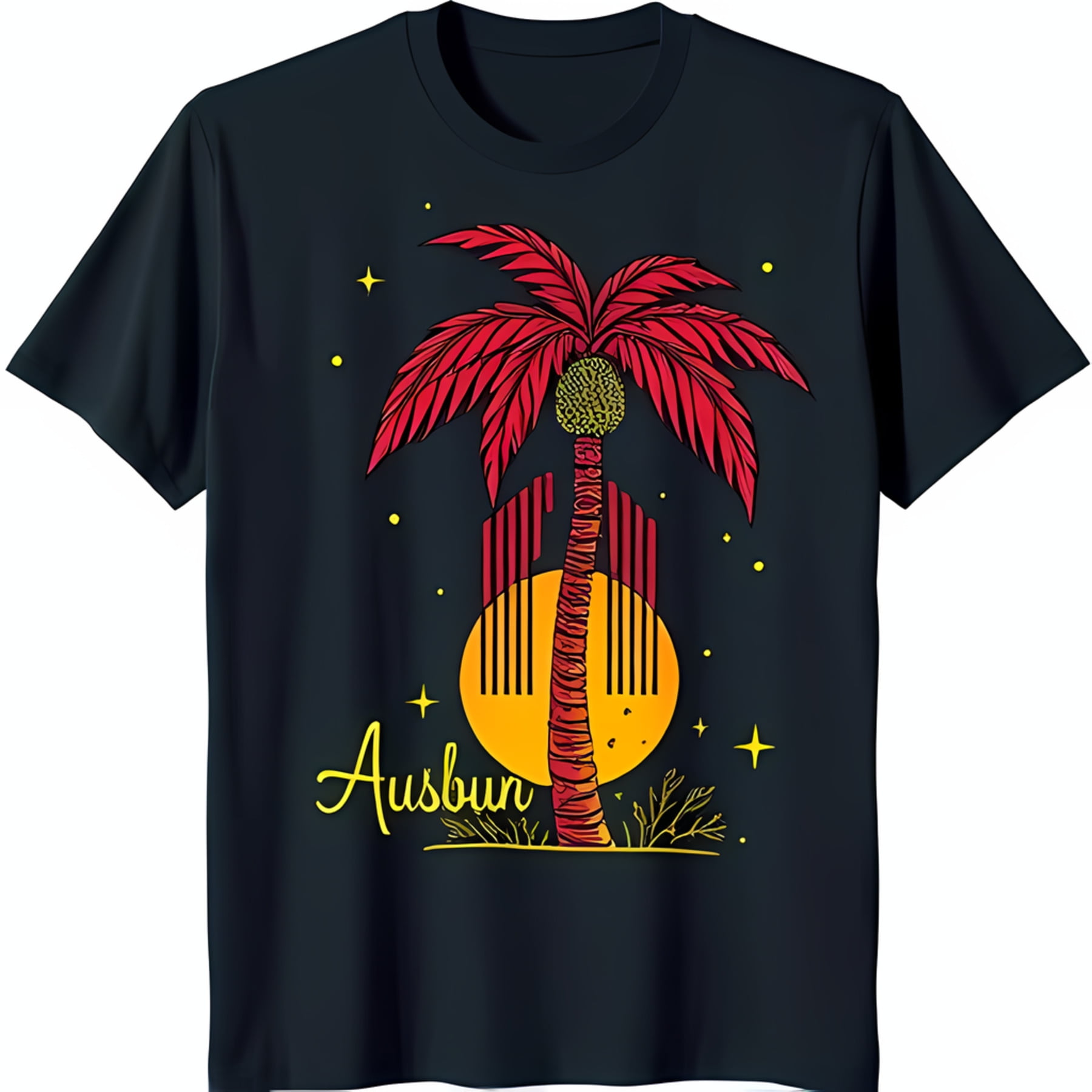Stylized Tree Graphic T-Shirt Dark Blue with Red Leaves & Yellow Sun ...