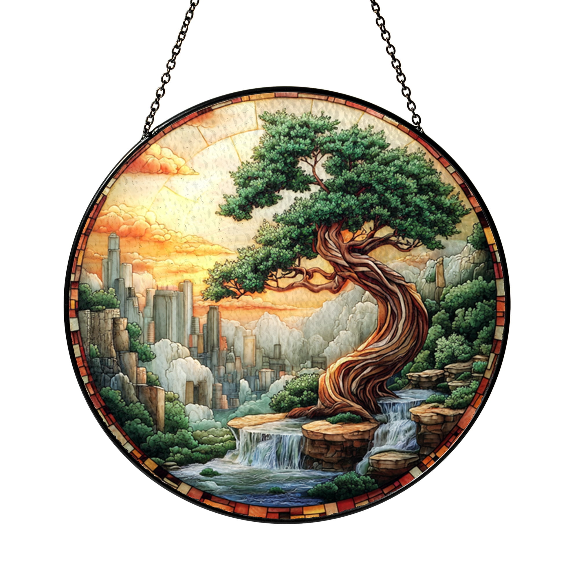 Stylized Tree Landscape Stained Glass Style Suncatcher – Colorful Round ...