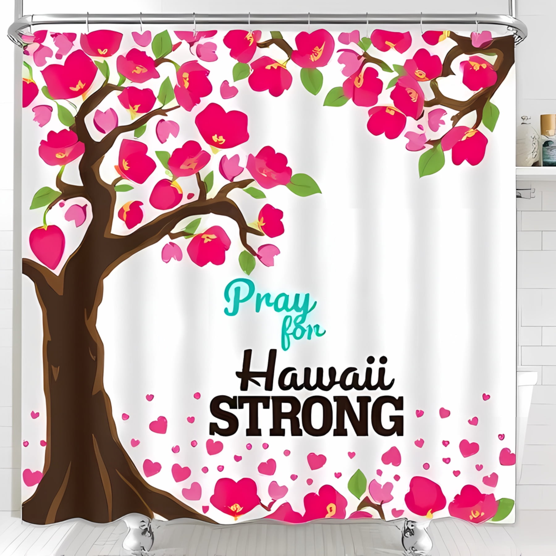Stylized Tree Shower Curtain with Pink Blossoms & Hearts - " Pray for Hawaii STRONG " - Hopeful ...