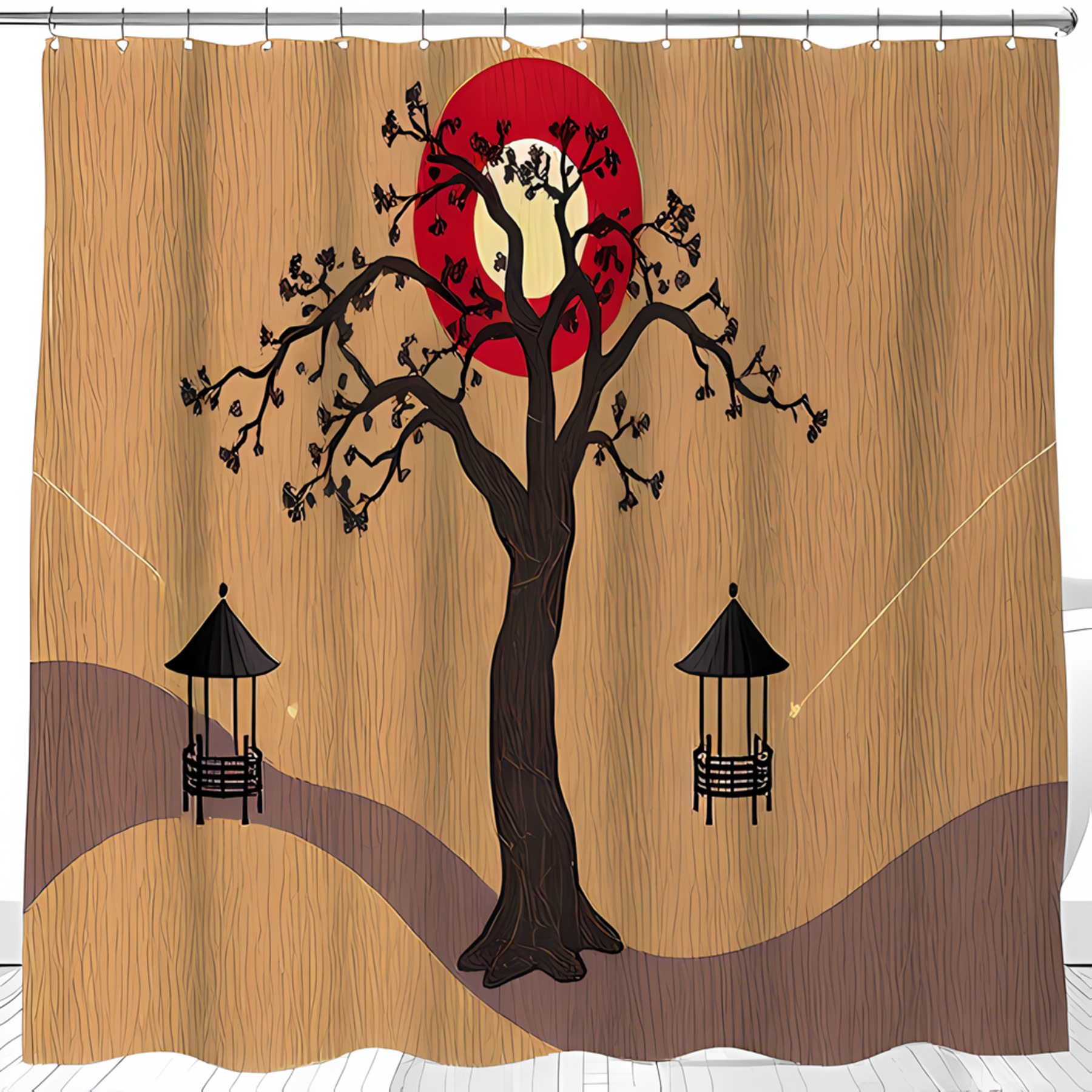 Stylized Tree Shower Curtain with Thick Trunk and Leafy Branches Red ...