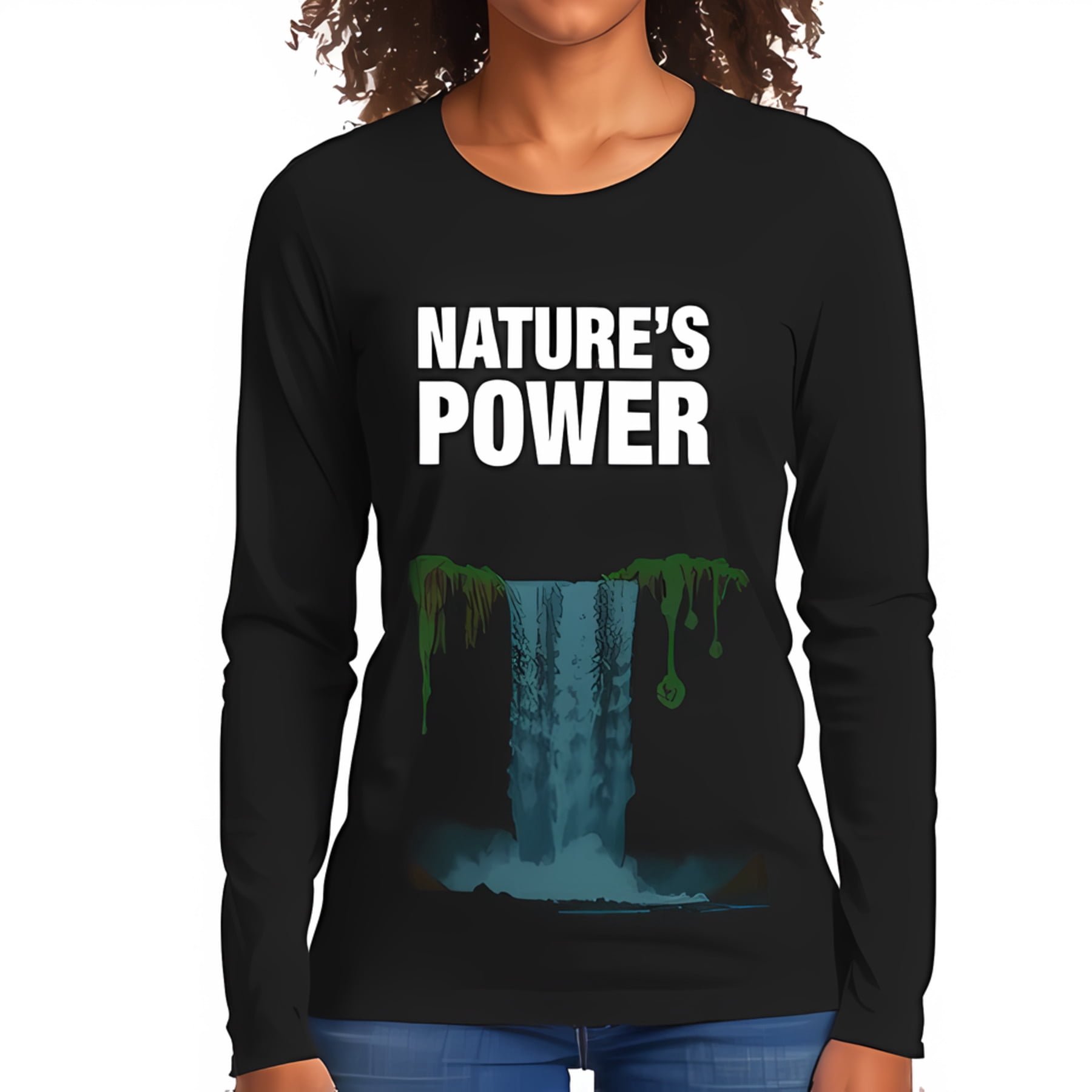 Stylized Waterfall Graphic Long Sleeve T-Shirt - "NATURE'S POWER" Black ...