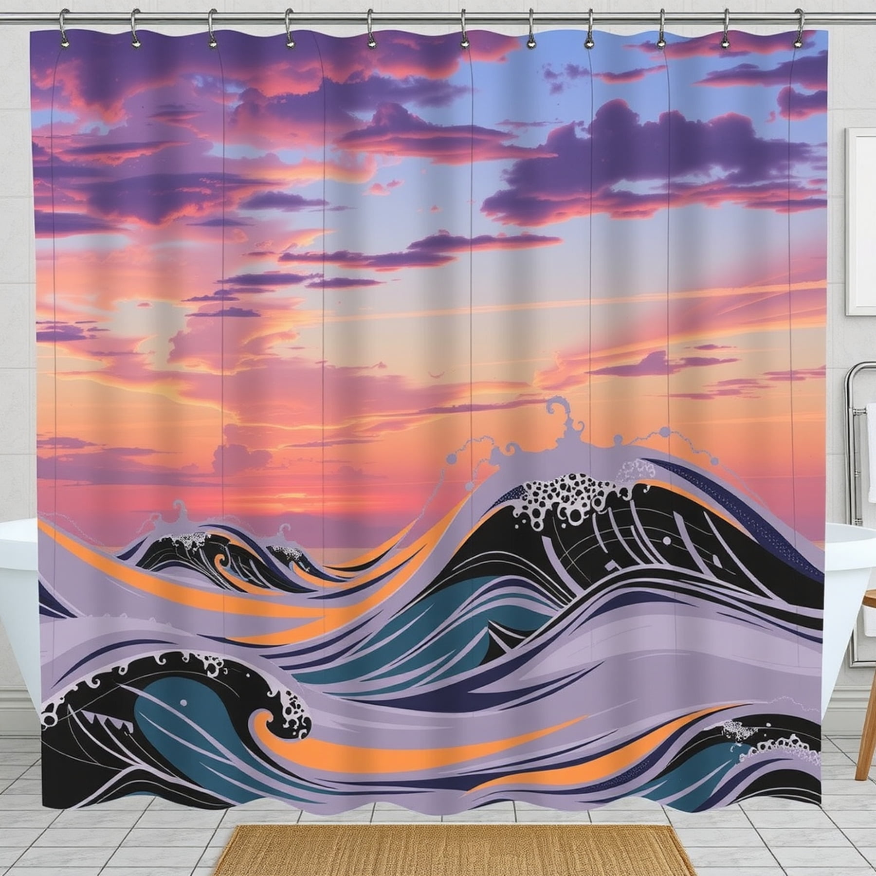 Stylized Waves Shower Curtain - Vibrant Sunset Design for Coastal Decor ...