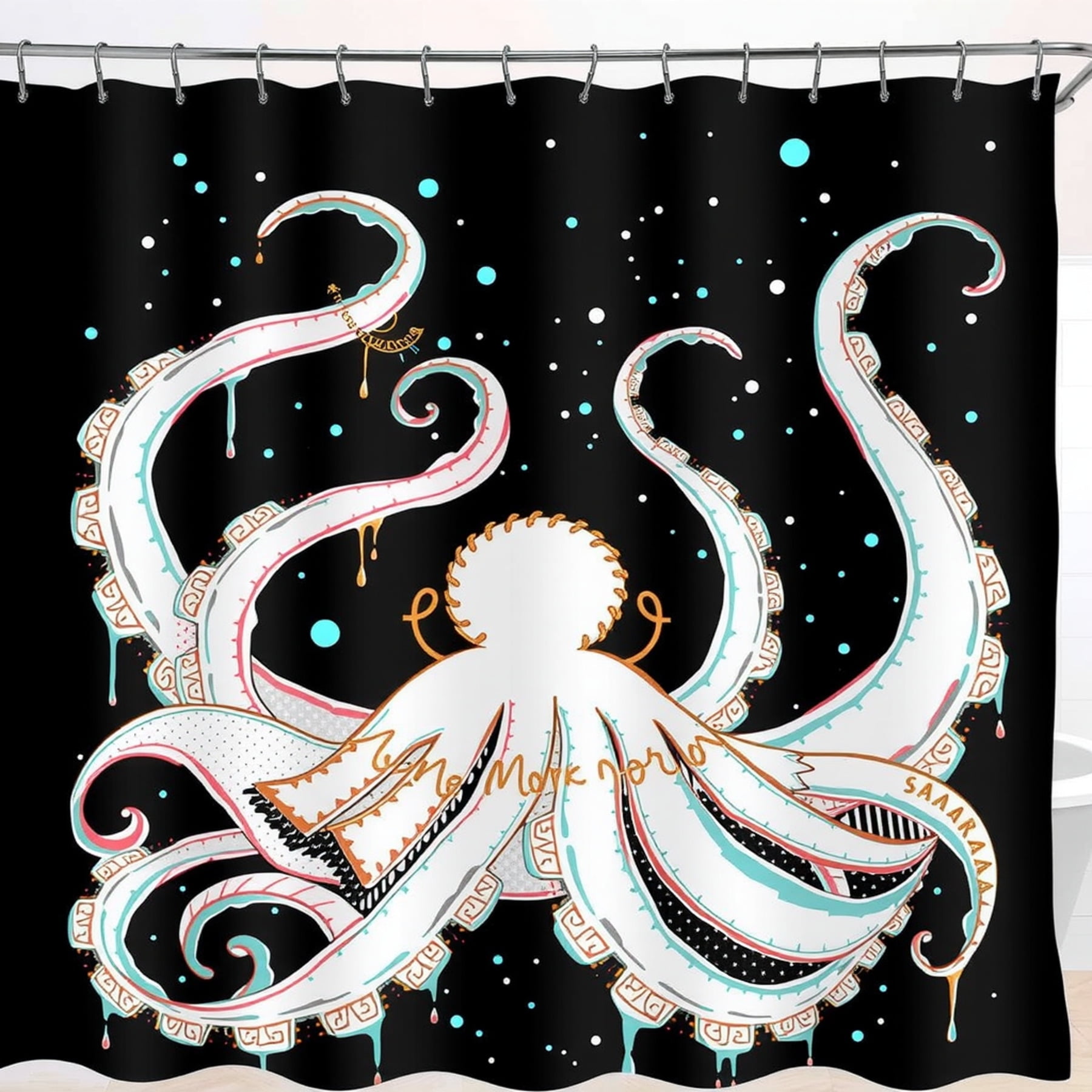 Stylized White Octopus Shower Curtain with Golden Drips & Colorful ...
