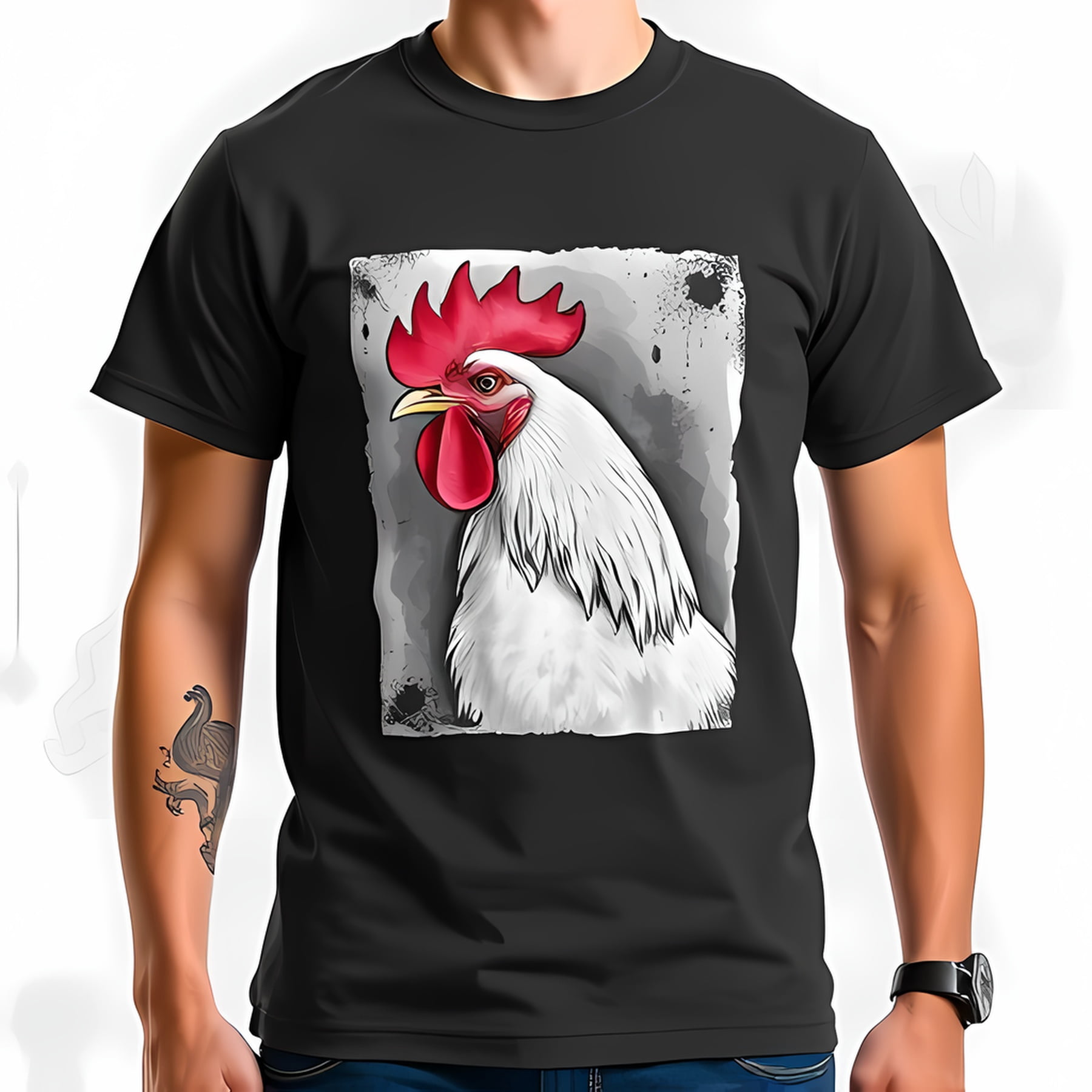 Stylized White Rooster Graphic T-Shirt on Black with Textured Grey ...