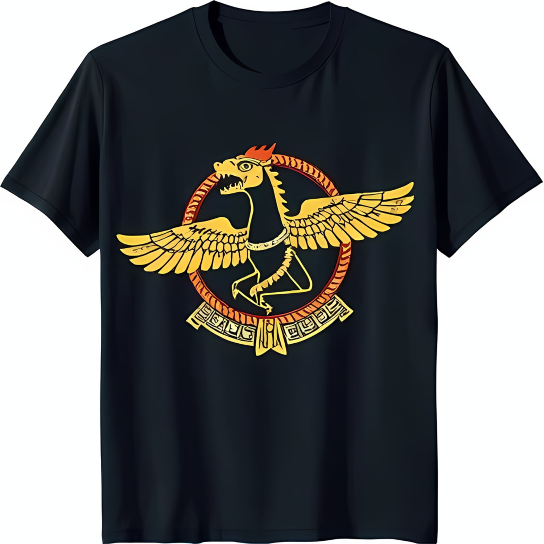 Stylized Winged Creature with Crown Black T-Shirt Gold & Red Design ...