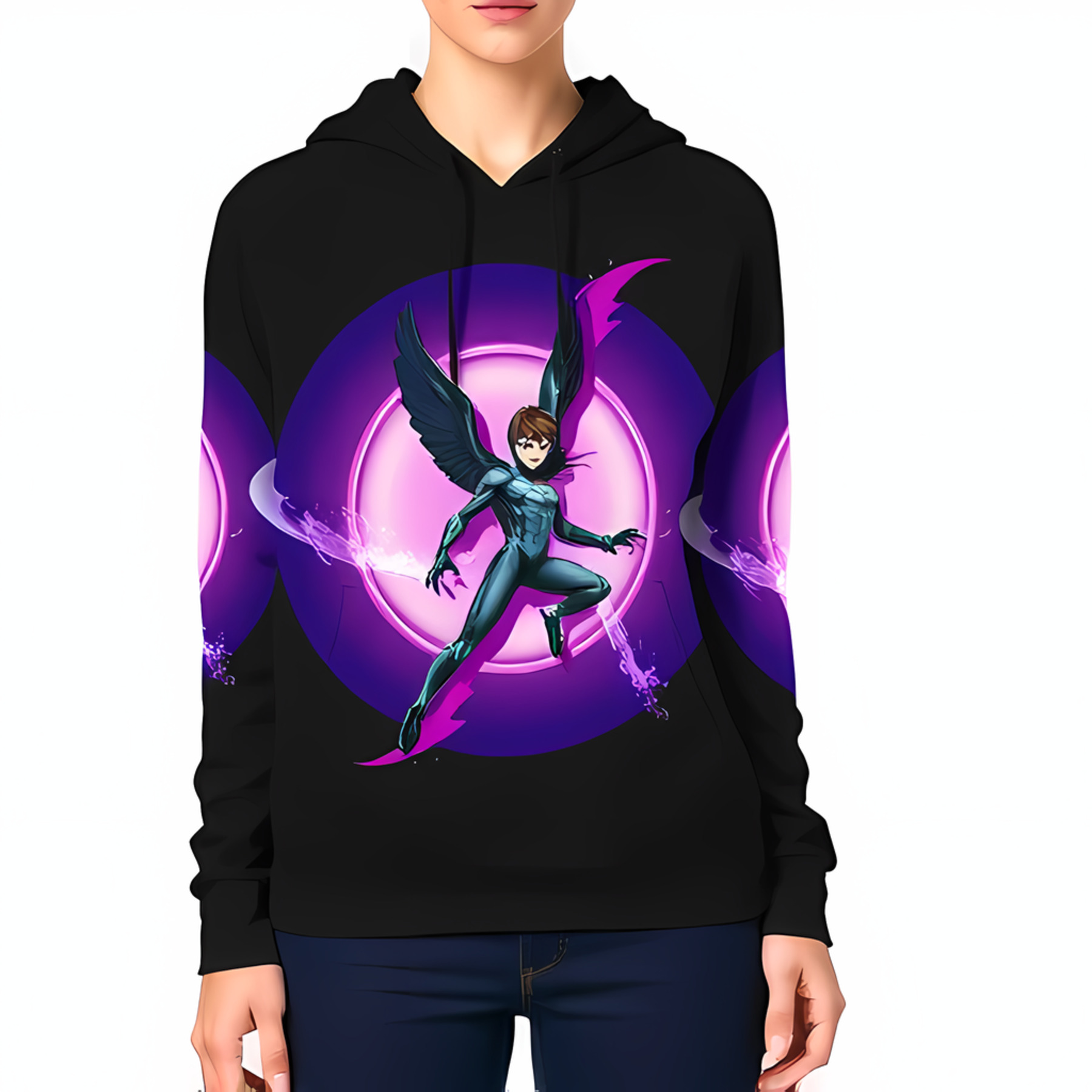 Stylized Winged Female Character 3D Graphic Black Hoodie for Women ...