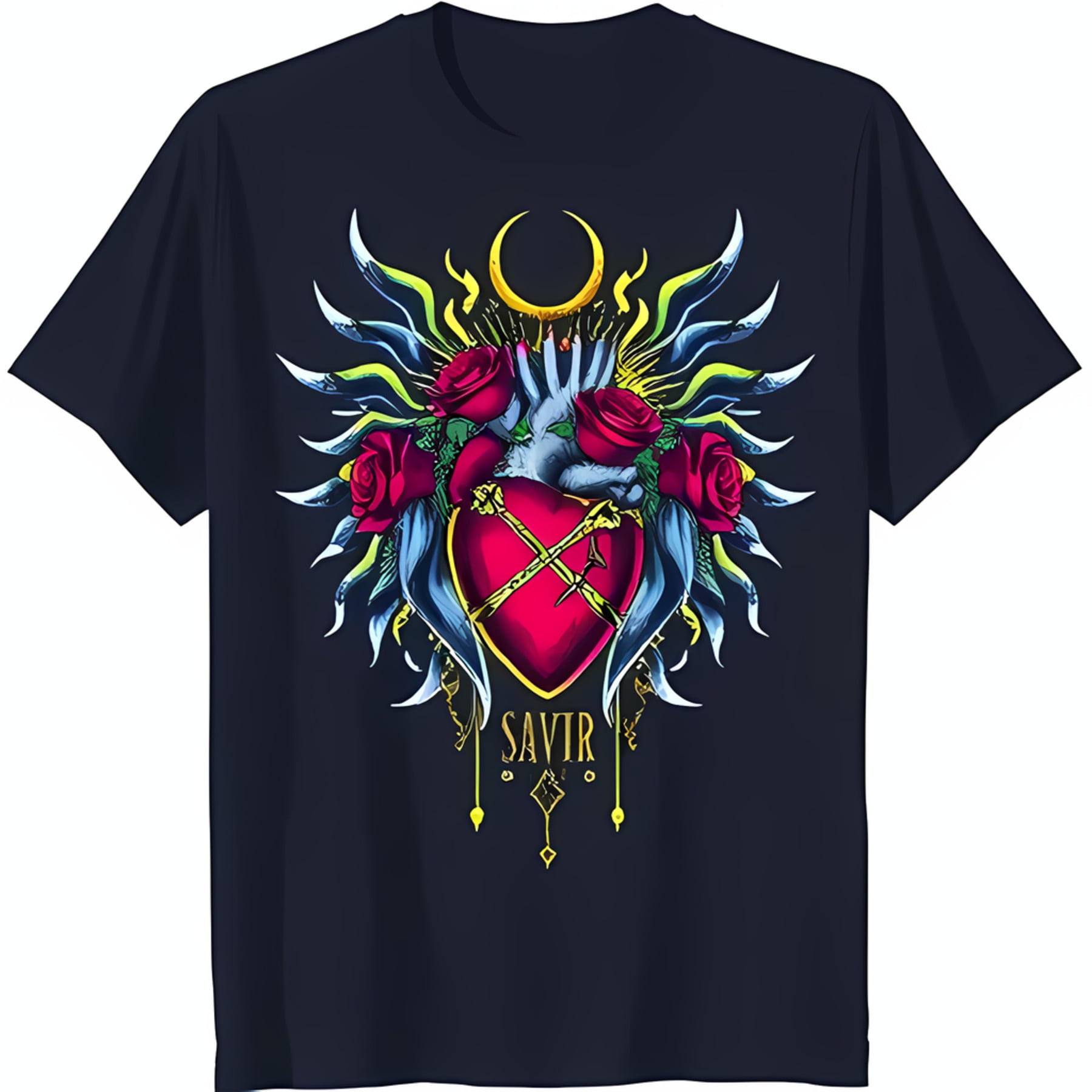 Stylized Winged Heart with Graphic Black T-Shirt Bold Roses - Walmart.com