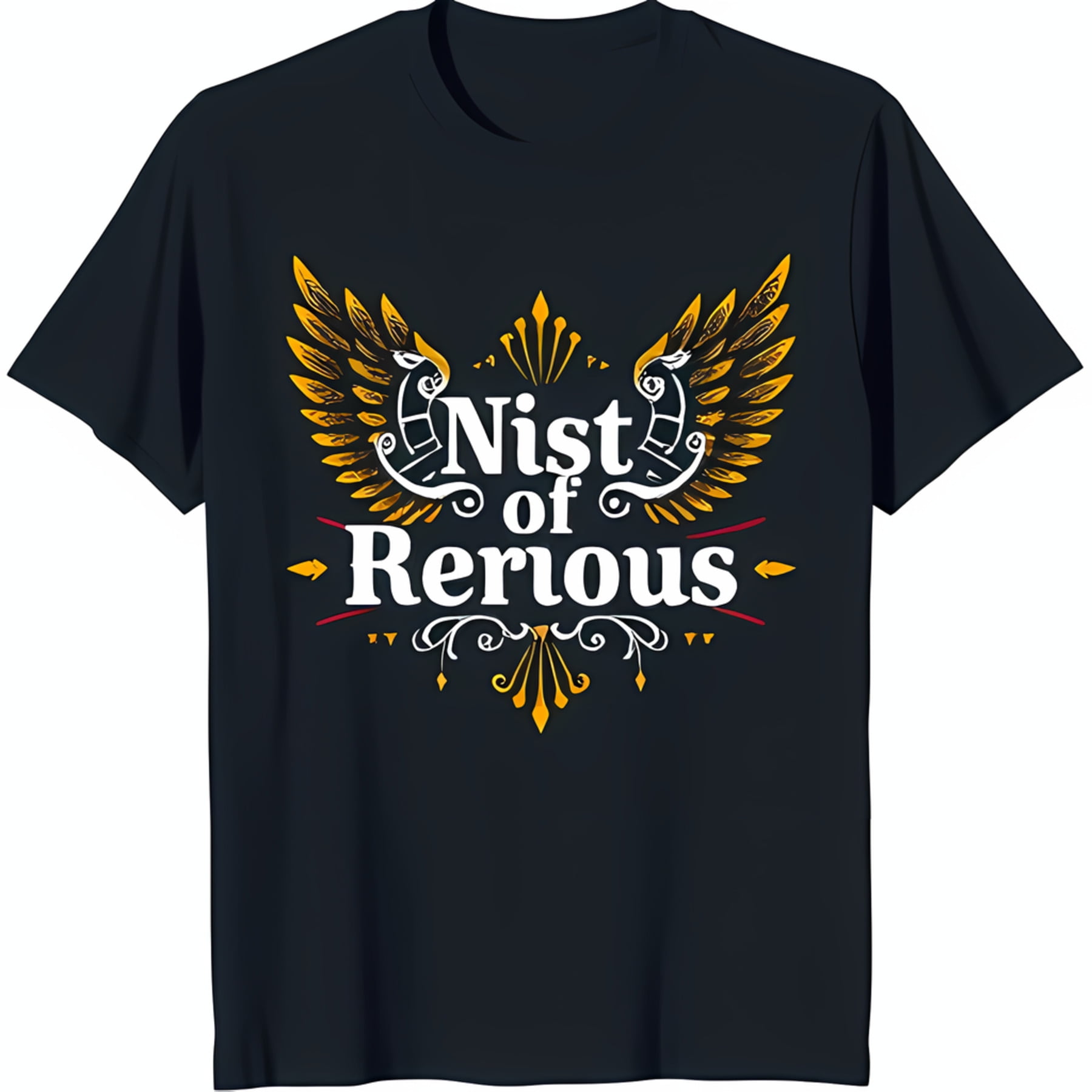 Stylized Winged Symbol Black T-Shirt with Yellow Wings & Red Banner ...