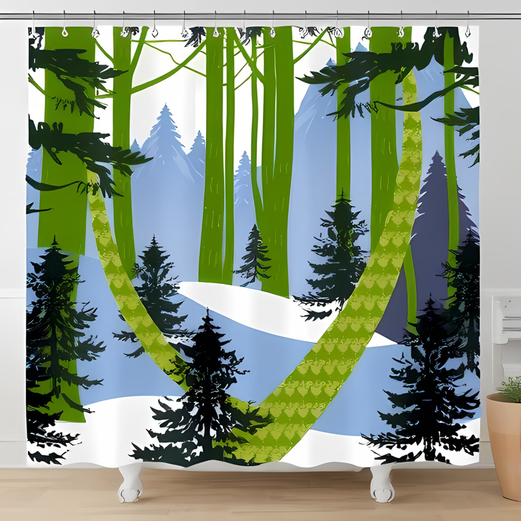 Stylized Winter Forest Shower Curtain Trees & Serene Mountain Design ...