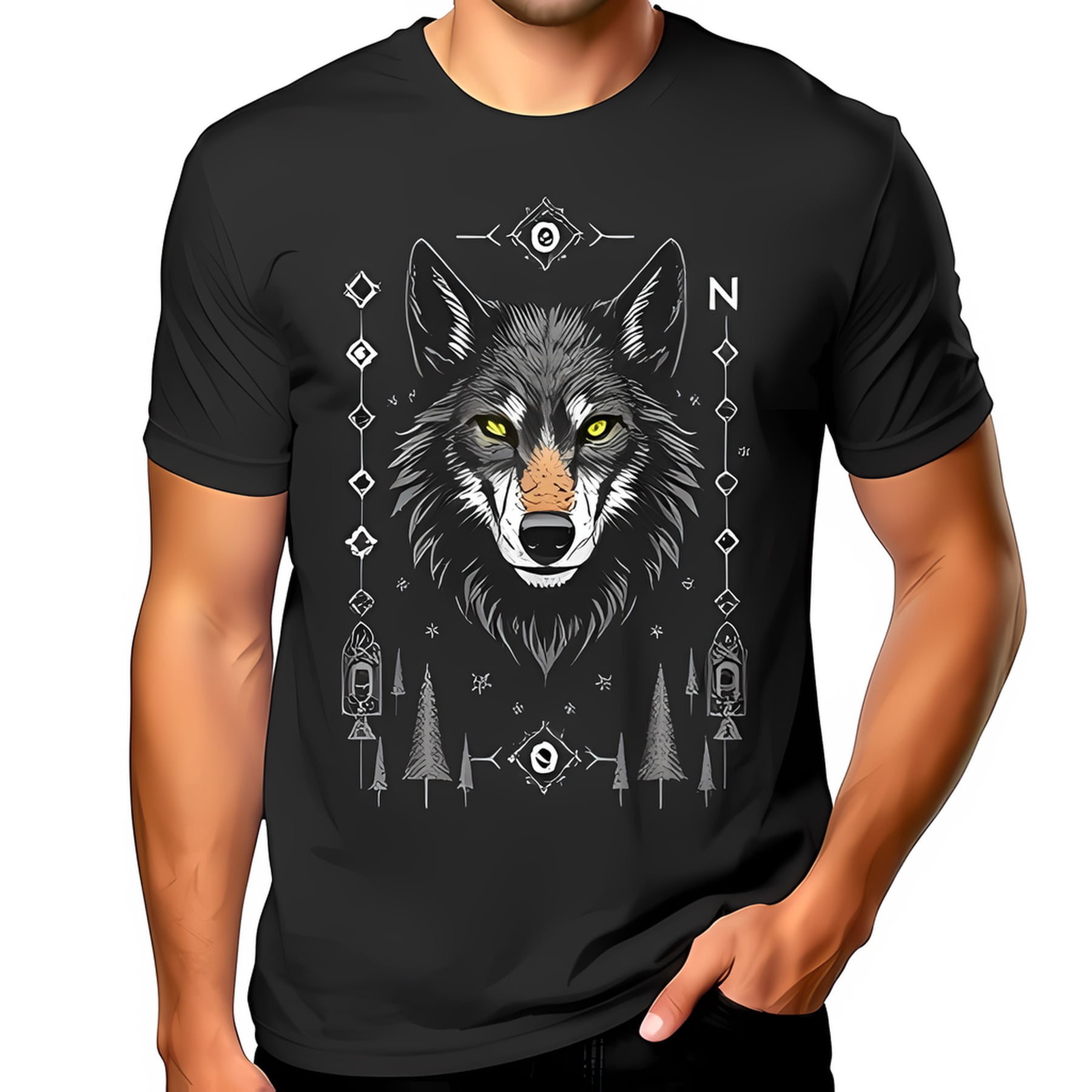 Stylized Wolf Head Graphic T-Shirt for Men - Grayscale Design with ...