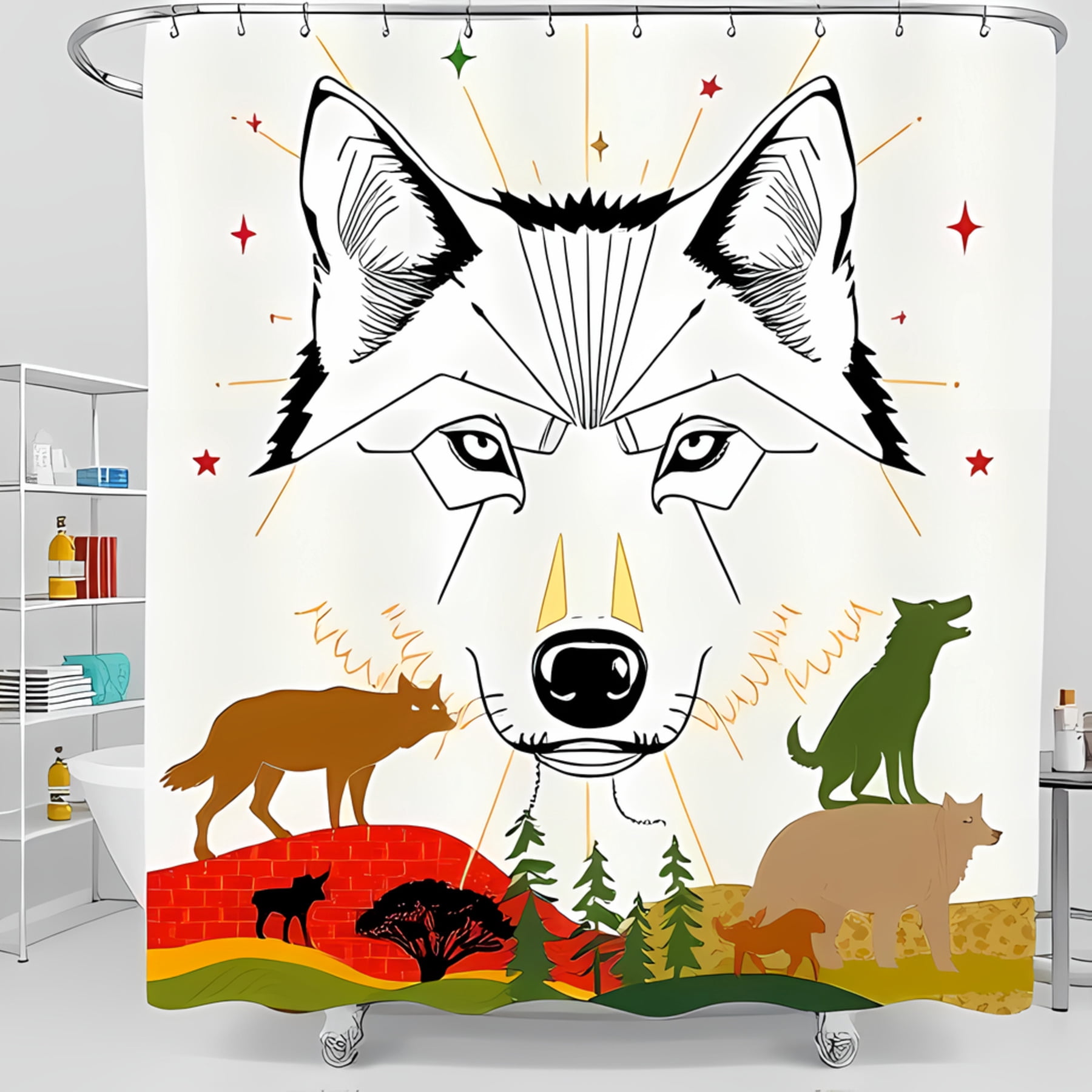 Stylized Wolf Head Shower Curtain with Tribal Animal Motifs - Modern ...