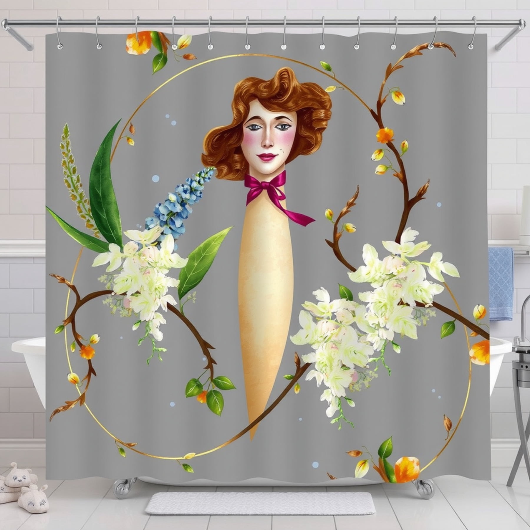 Stylized Woman Shower Curtain with Long Neck & Red Bow - Elegant Floral ...