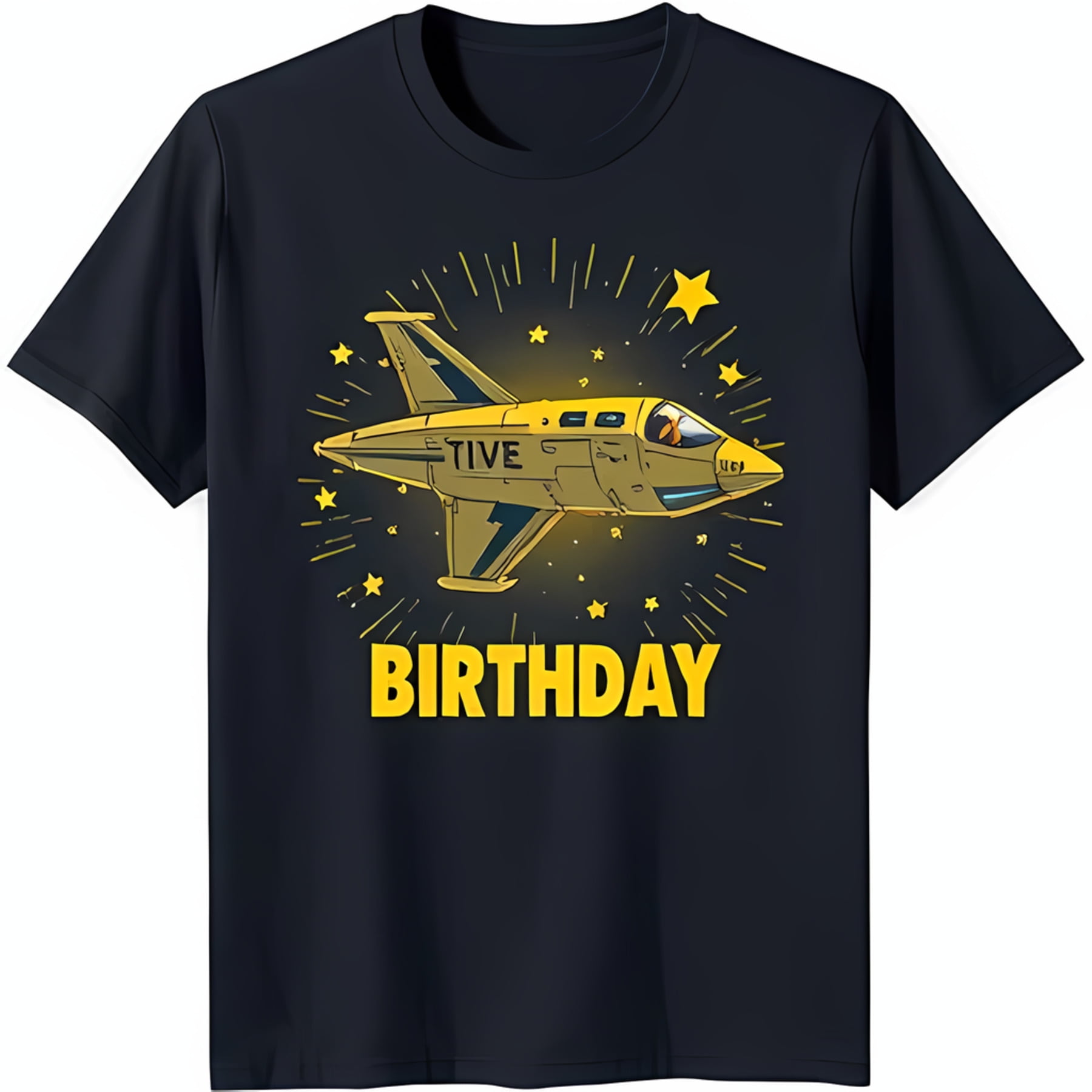 Stylized Yellow Spaceship T-Shirt with 'TIVE' and Bold 'Birthday ...