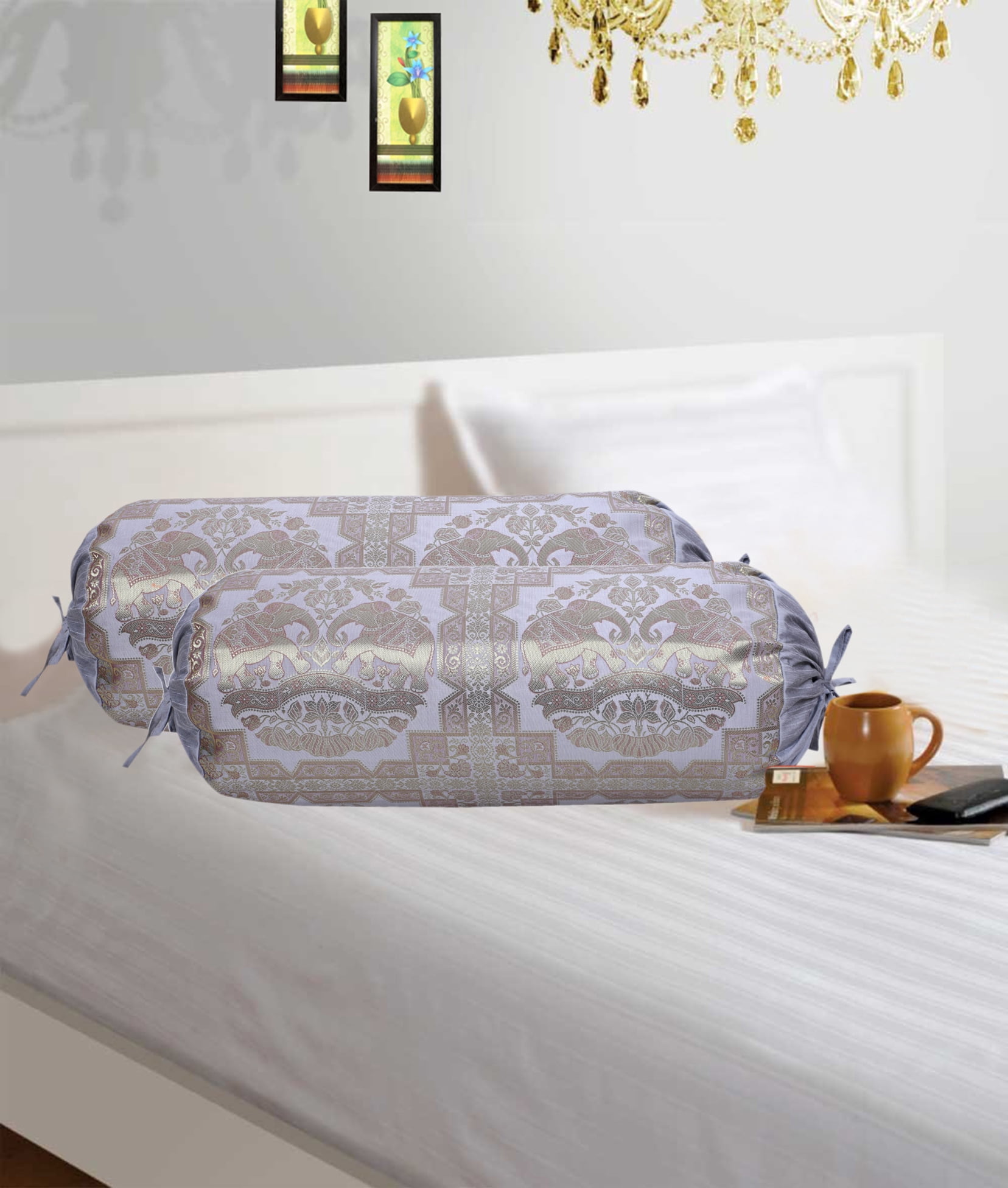 Stylo Culture Ethnic Cylindrical Brocade Bolster Pillow Covers Grey ...