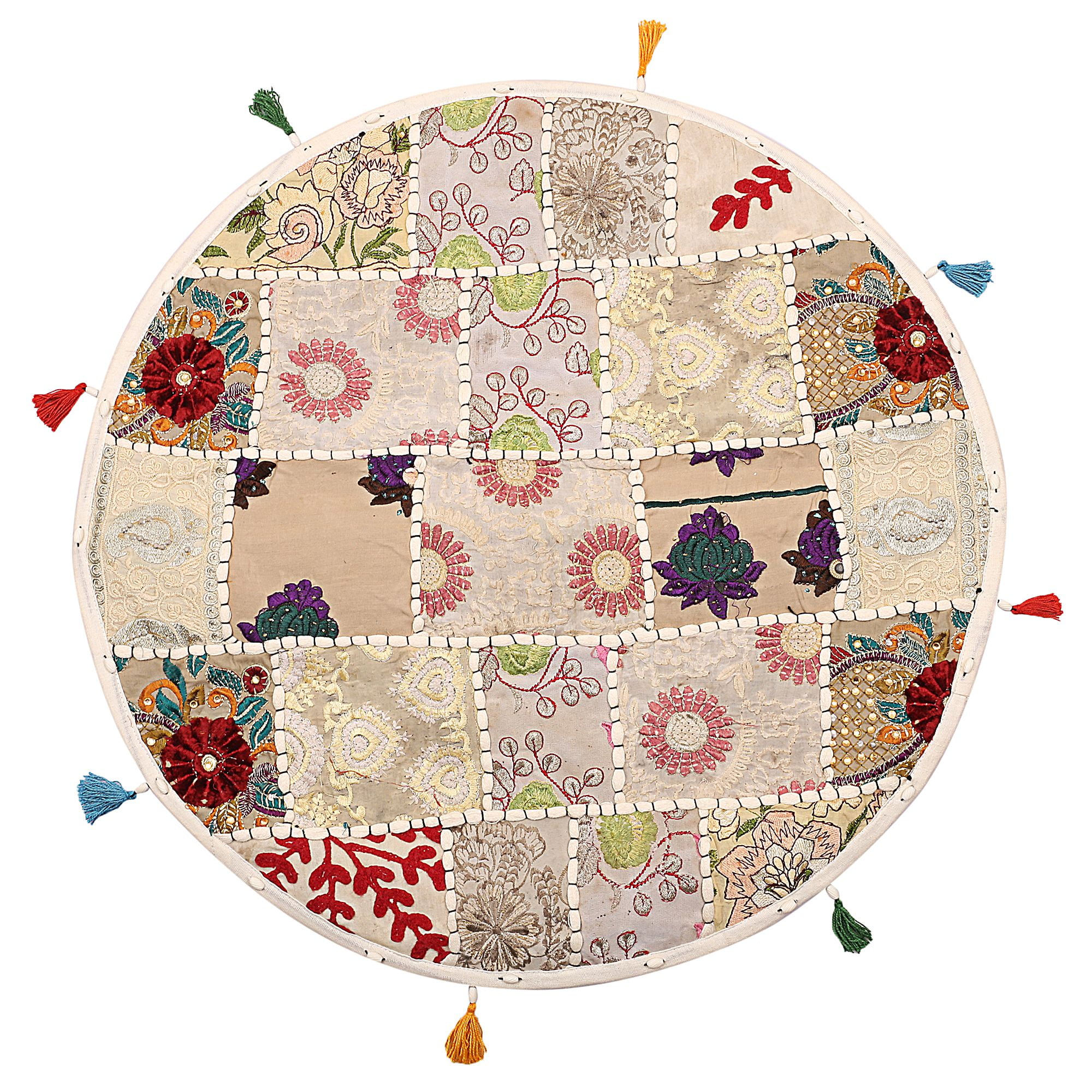 Stylo Culture Ethnic Round Throw Pillows For Bedroom Vintage Patchwork Floor Cushion Cover White ...