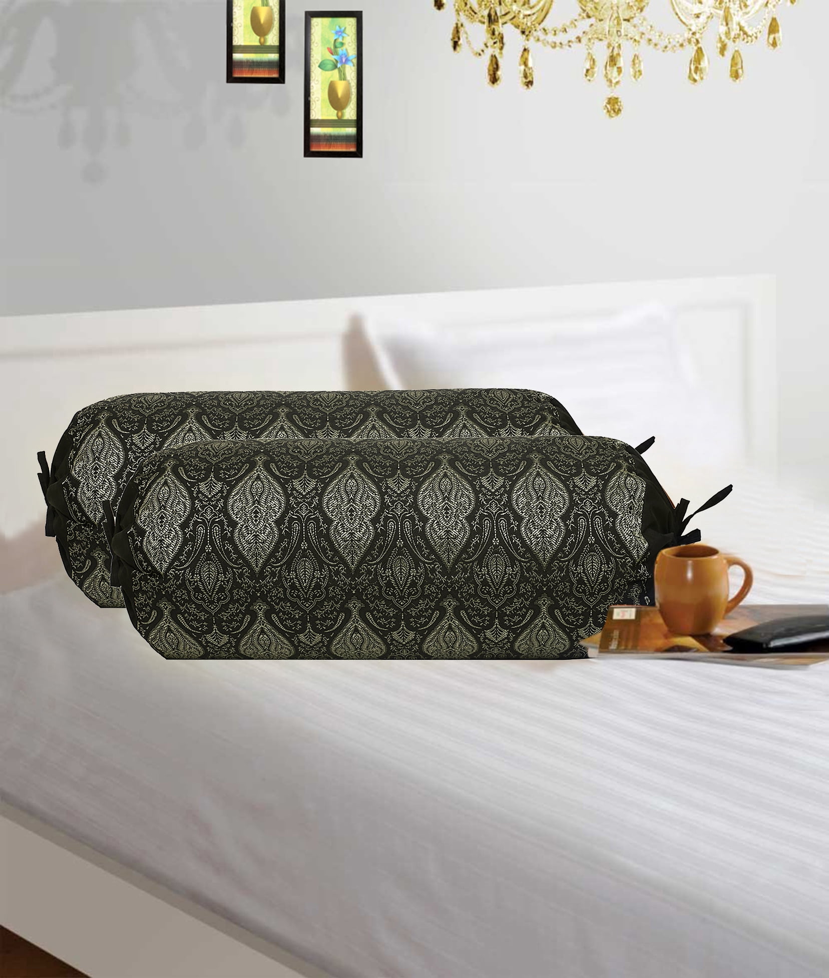 Stylo Culture Ethnic Tubular Brocade Bolster Pillow Covers Black Damask ...