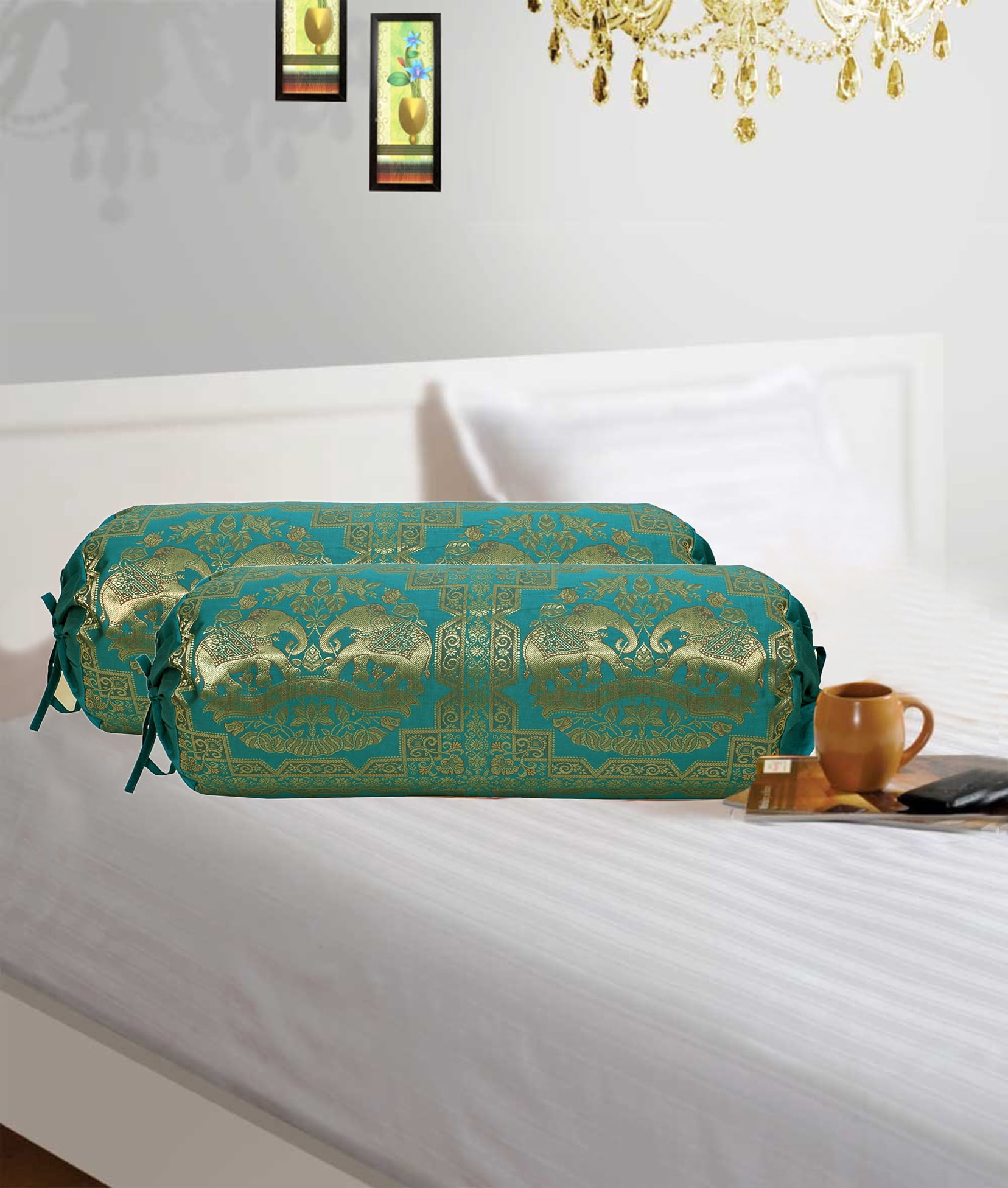 Stylo Culture Ethnic Tubular Brocade Bolster Pillow Covers Emerald ...