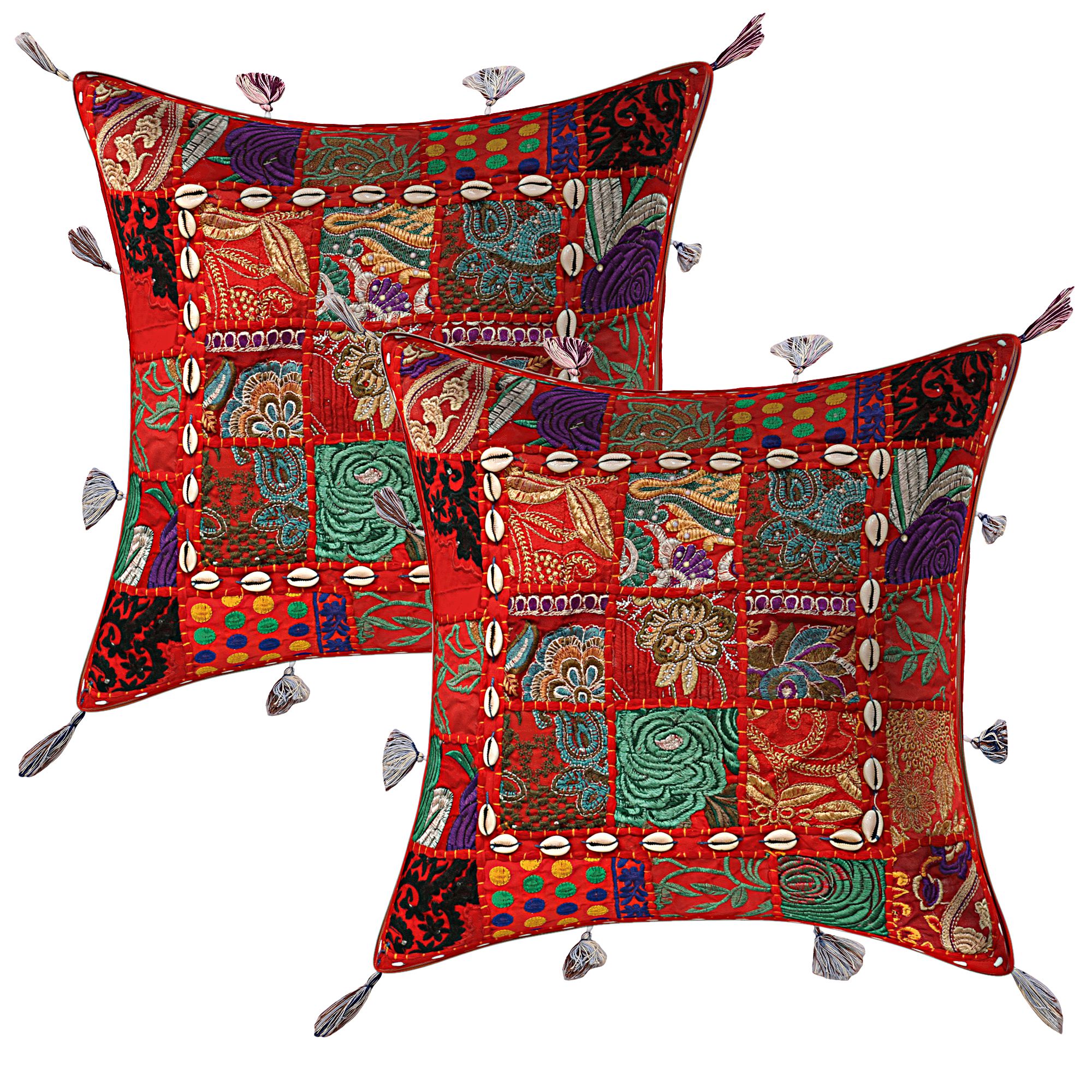 Stylo Culture Indian Sofa Throw Pillow Covers 17x17 Red Embroidered ...