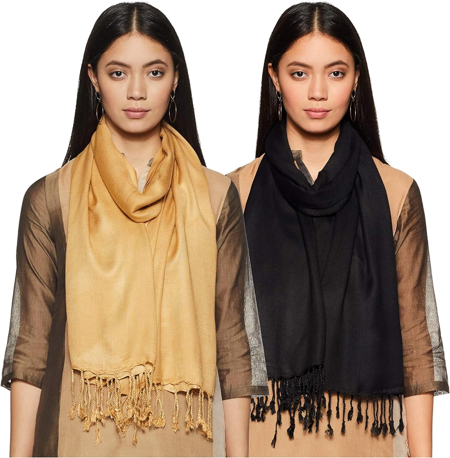 Stylore 2PCS Women Scarf Shawl Any Season Wrap Viscose Black Golden ...