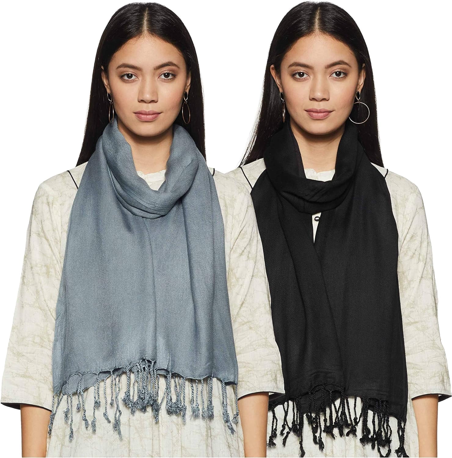 Stylore 2PCS Women Scarf Shawl Any Season Wrap Viscose Black Grey Large ...
