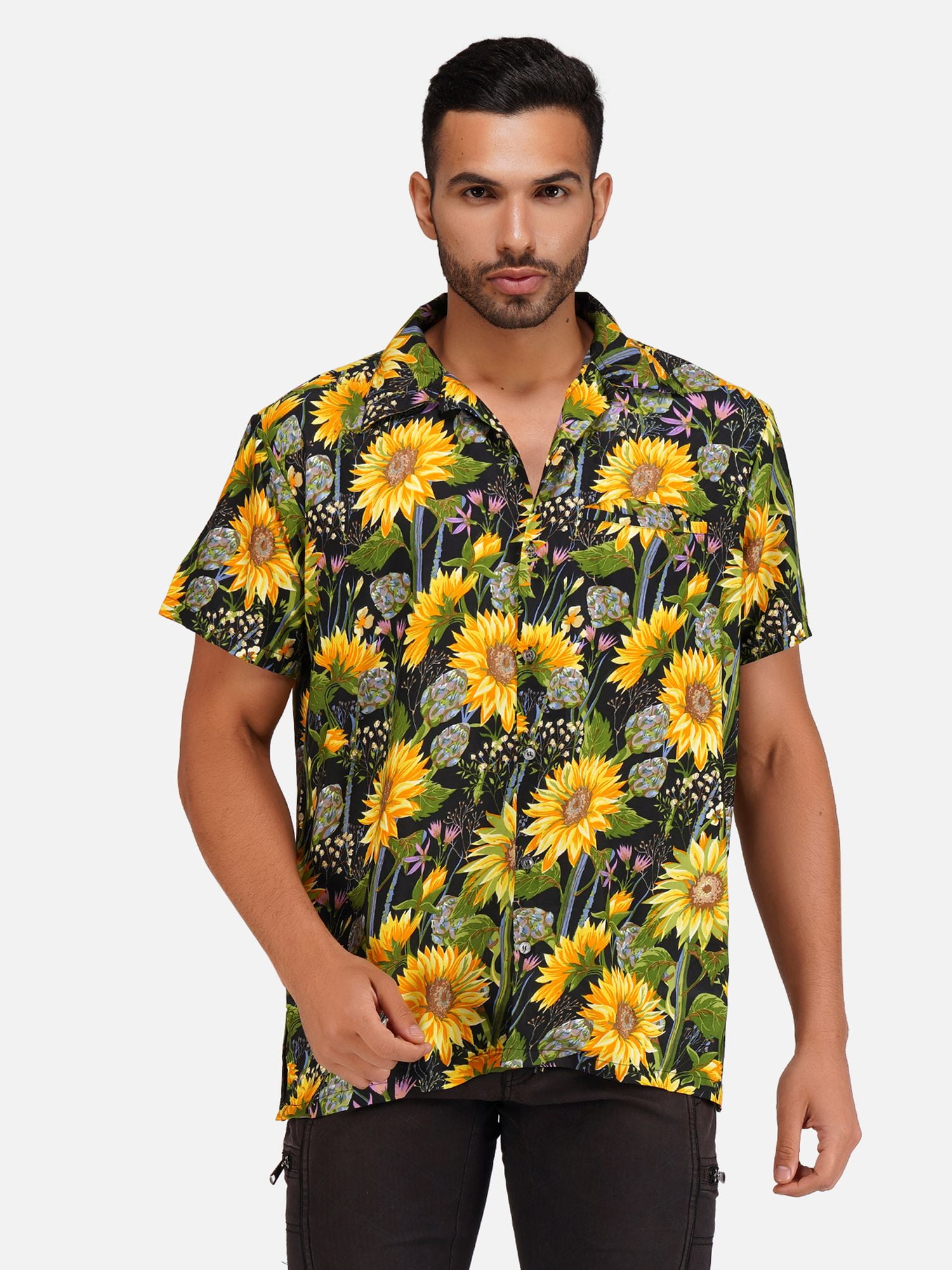Stylore Mens Hawaiian Shirt Short-Sleeve Funky Summer Sunflower Black ...