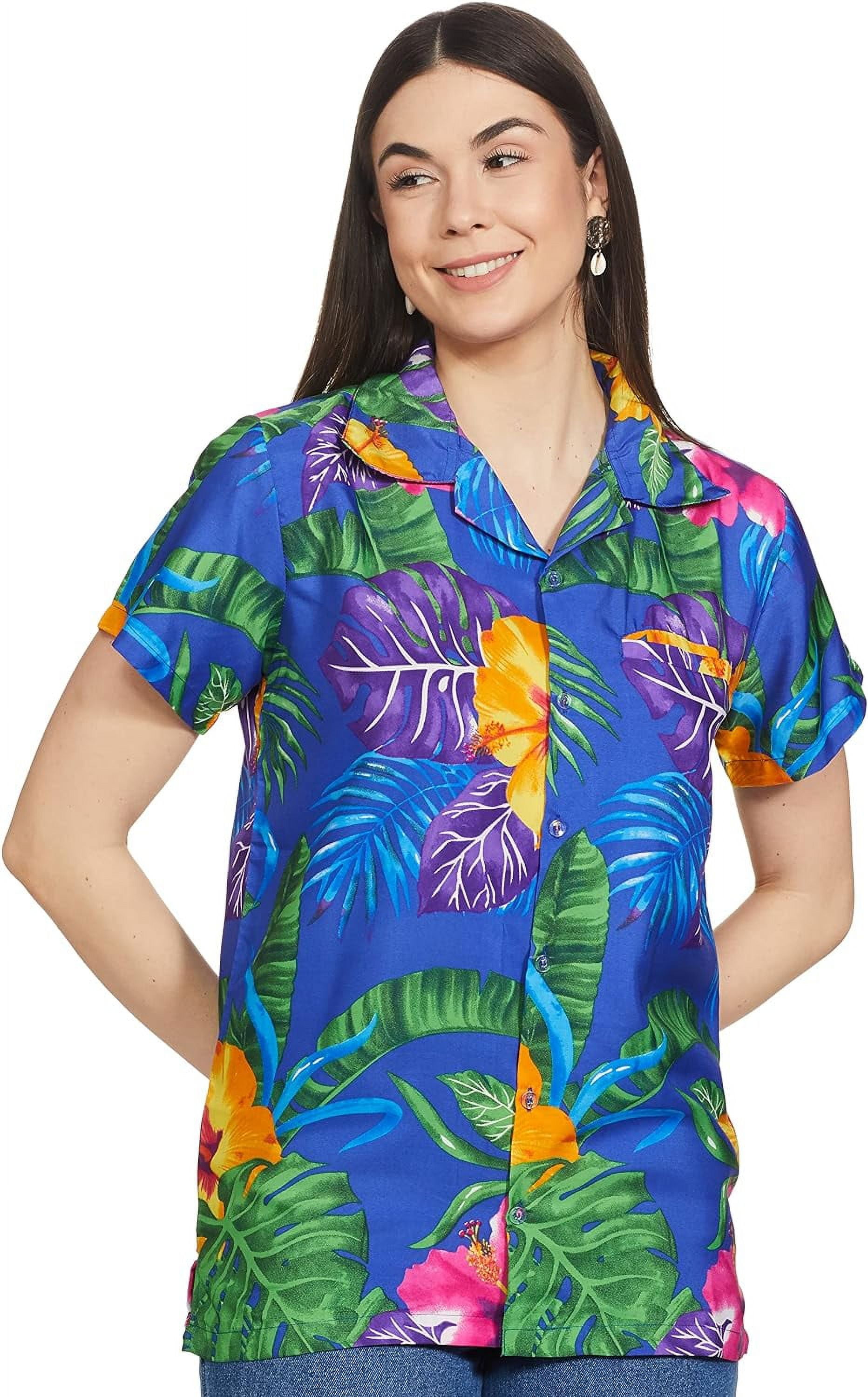 Stylore Womens Hawaiian Shirt Short Sleeve Blouse Big Hibiscus Blue M ...