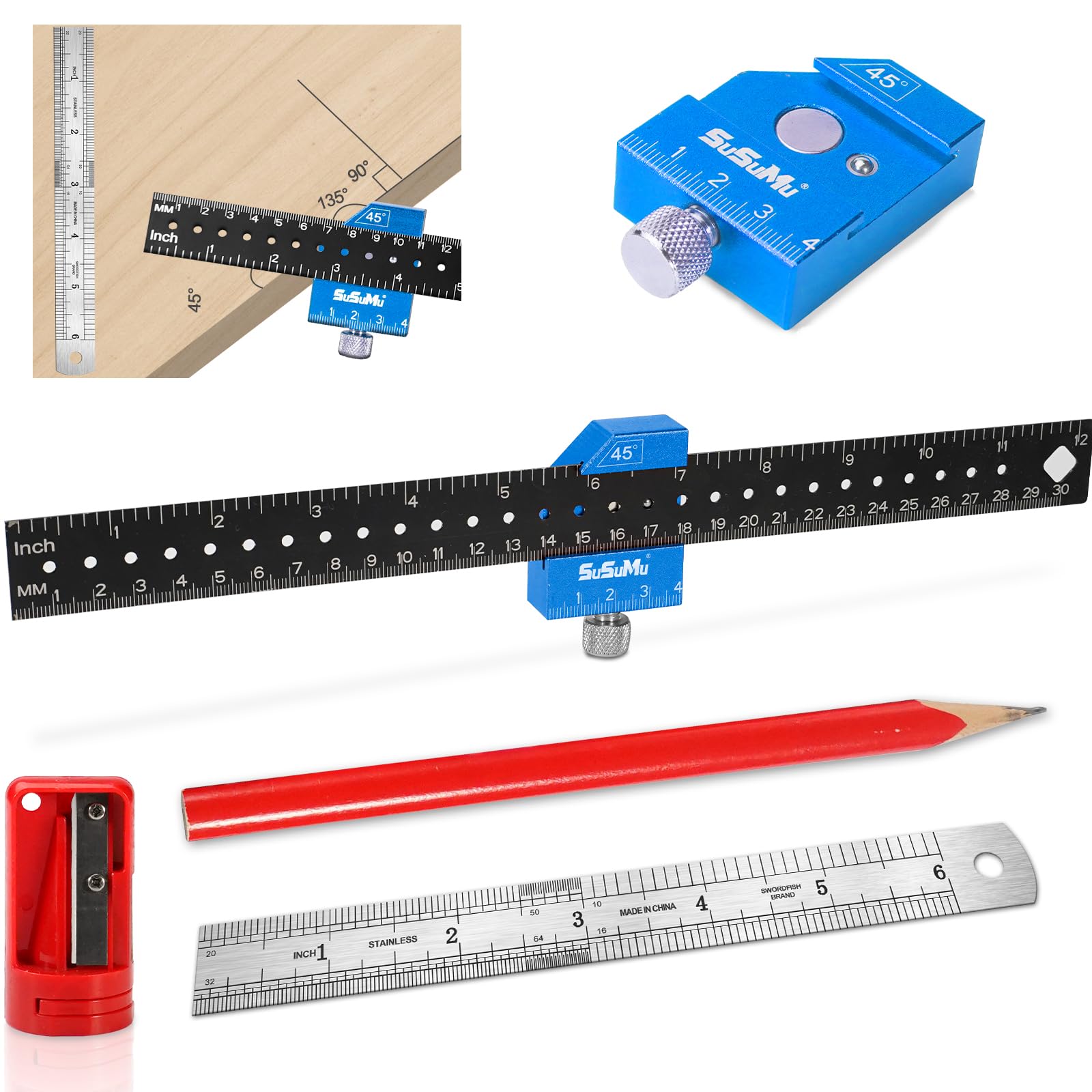 SuSuMu 12 inch Slide Rule with 6inch Metal Ruler Precision Pocket Ruler ...
