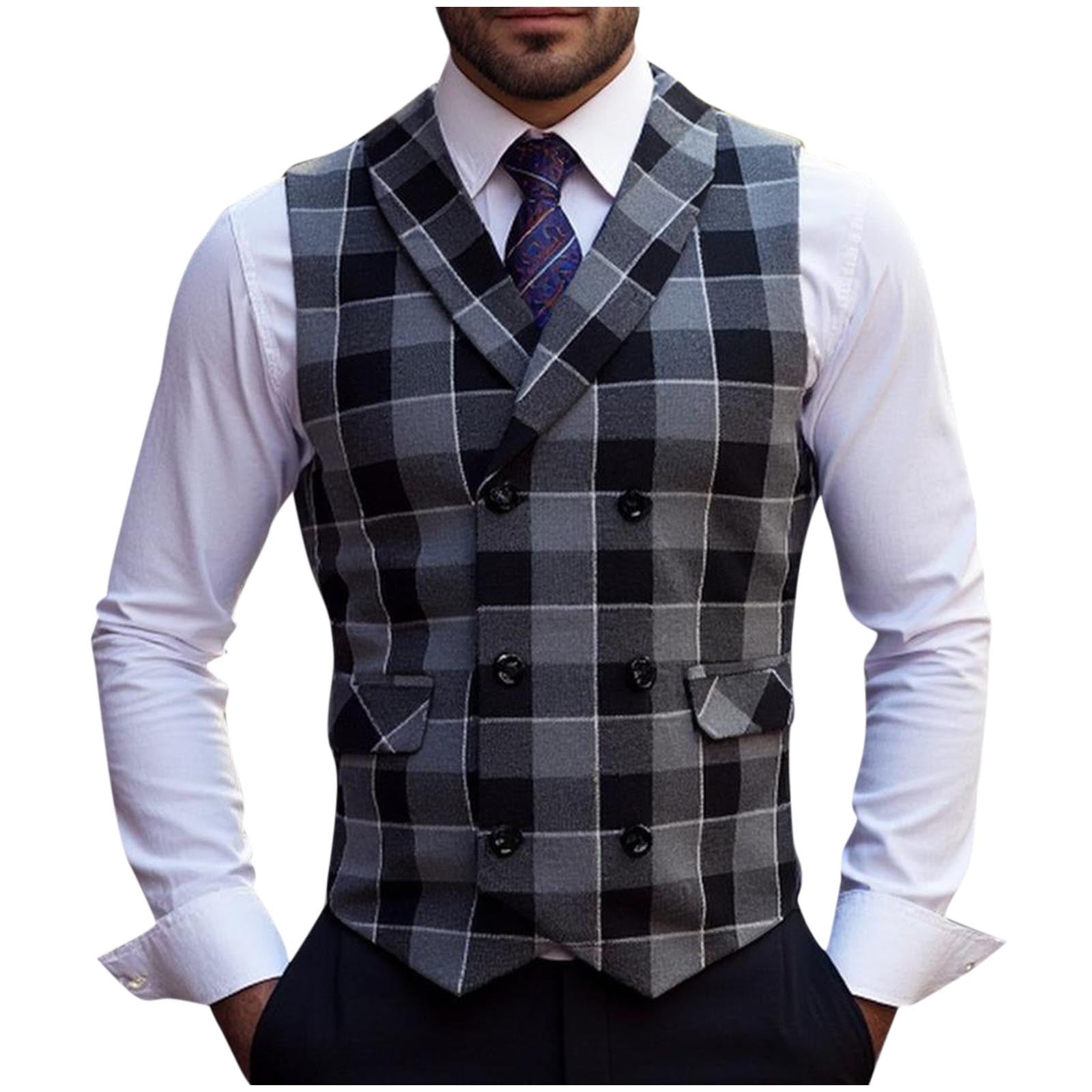 SuTry Men's Fall Thin Workwear Waistcoats Plaid Pattern Stand Collar ...