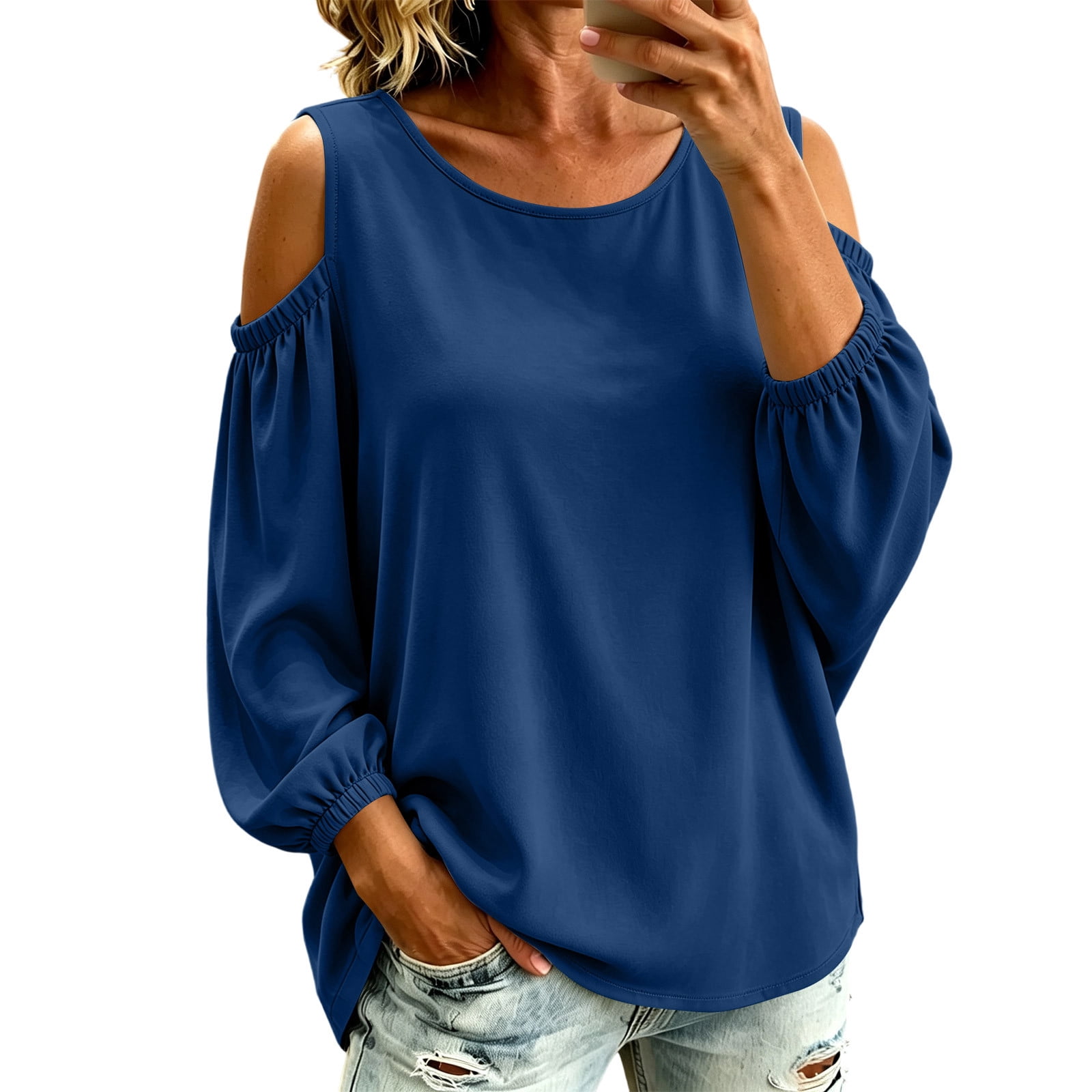SuTry Women Cold Shoulder Top Cut Out Long Sleeve Round Neck Smocked ...