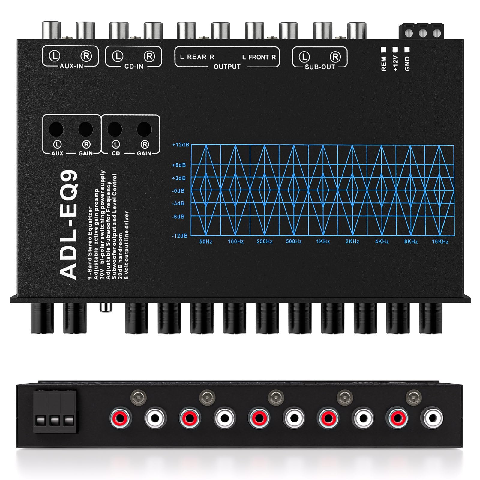Suacopzar 9 Band Car Audio Equalizer, Car Graphic EQ W/Front, Rear +Sub Output, 8V RMS Line ...