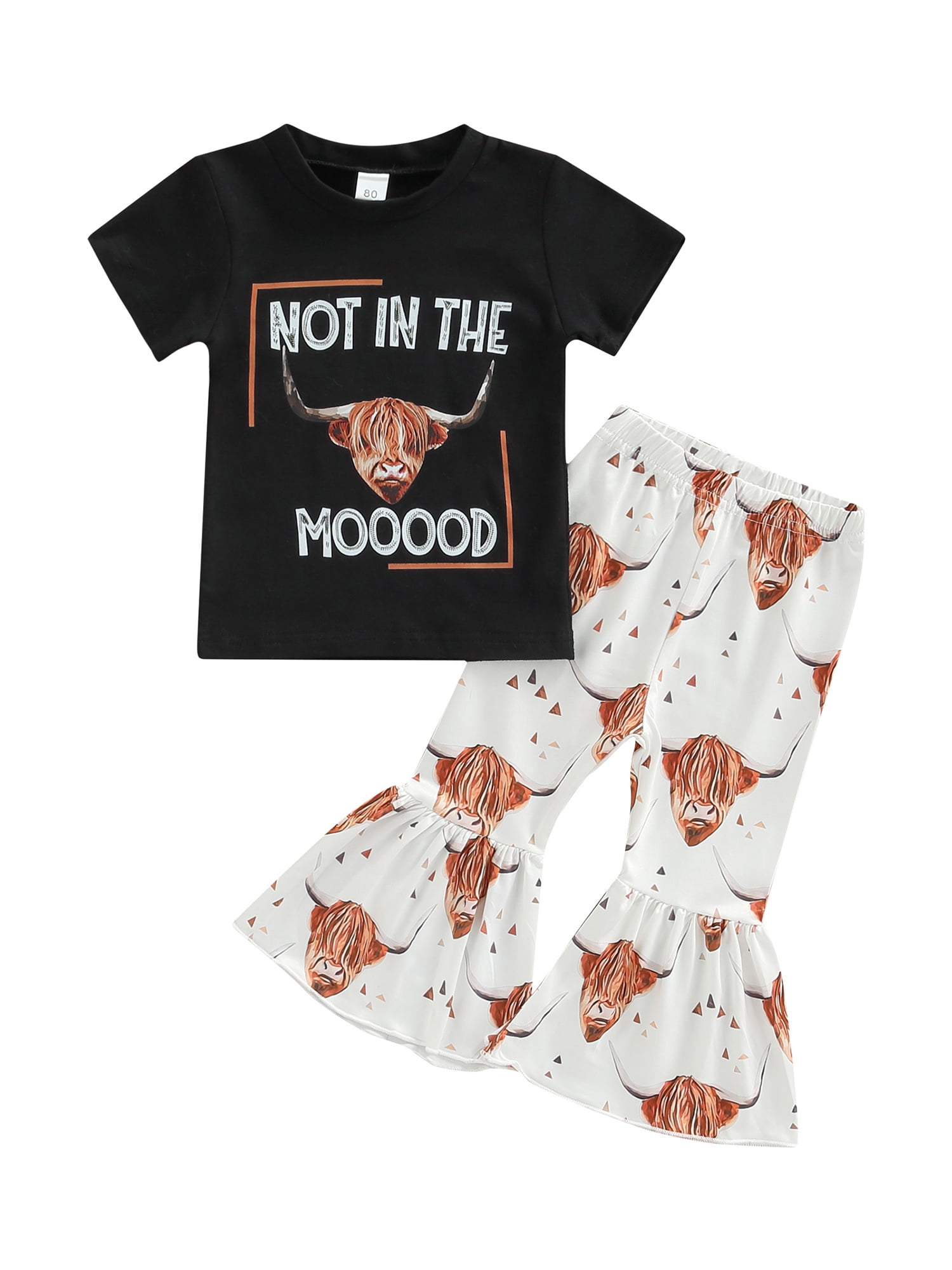 Suagox Kids Girl Short Sleeve Tops + Flared Pants, Horse / Cow Letter ...