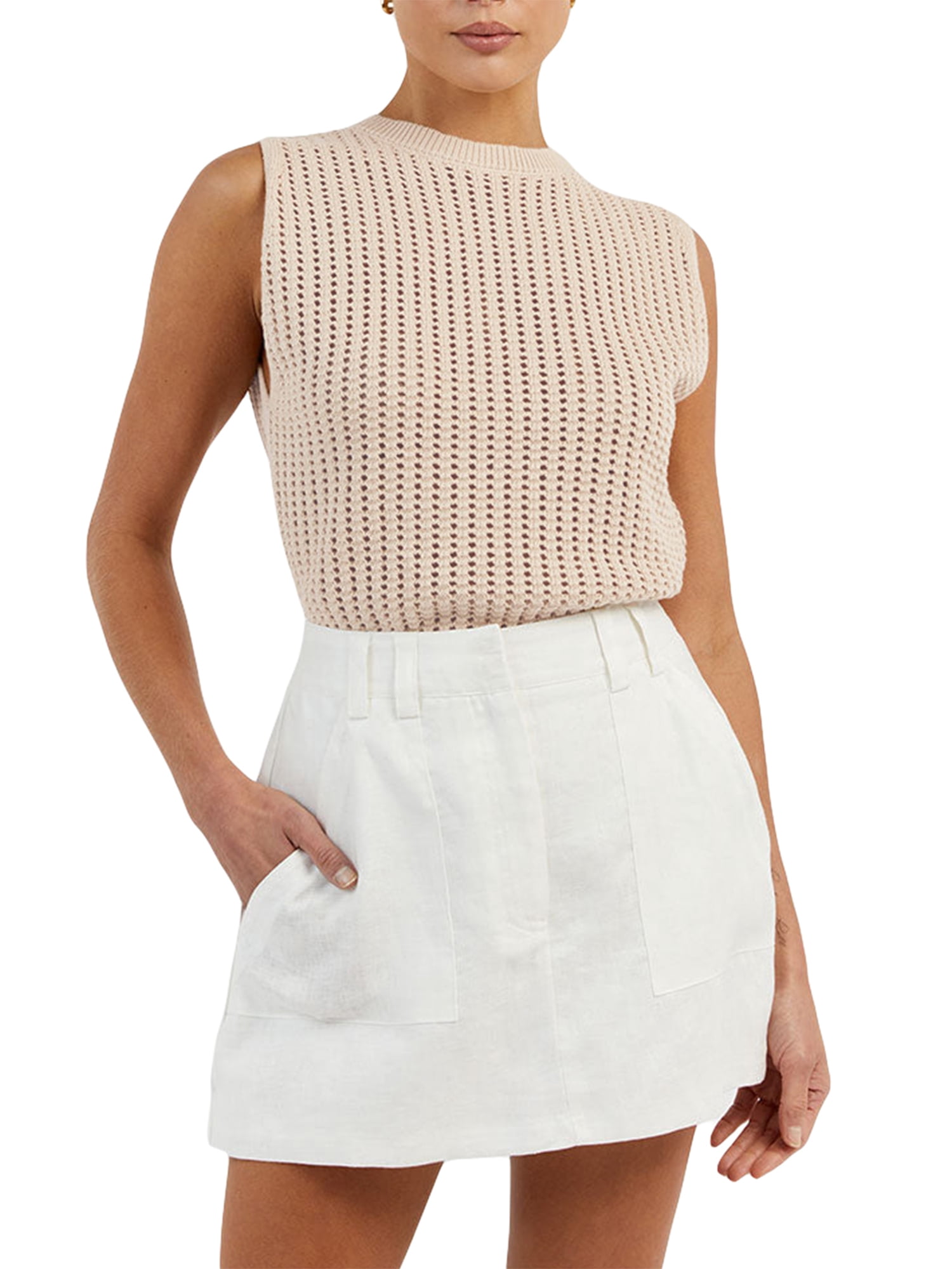 Suagox Women Knitted Tank Tops Cutout Summer Knitwear Basic Sleeveless ...