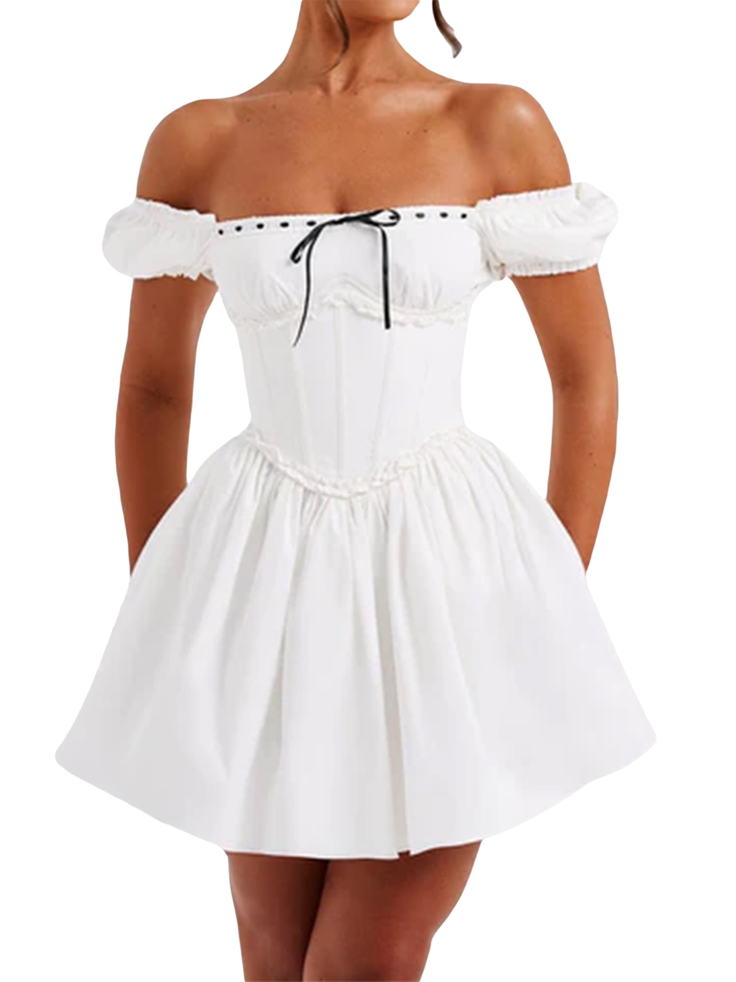 Suagox Women Short Sleeve Mini Dress Casual Solid Color Backless Corset ...