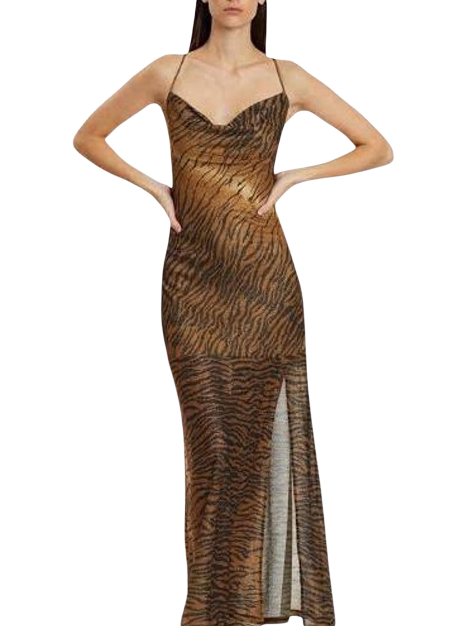 Suagox Women Spaghetti Strap Dress Summer Tiger Print Tie Backless ...